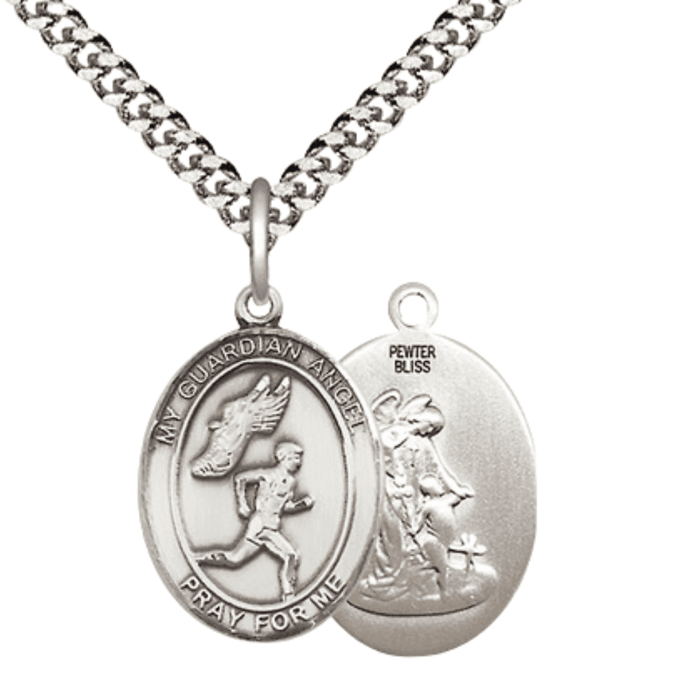 Pewter Guardian Angel Track&Field-Men Medal Pendant on 24 Inch Endless ...