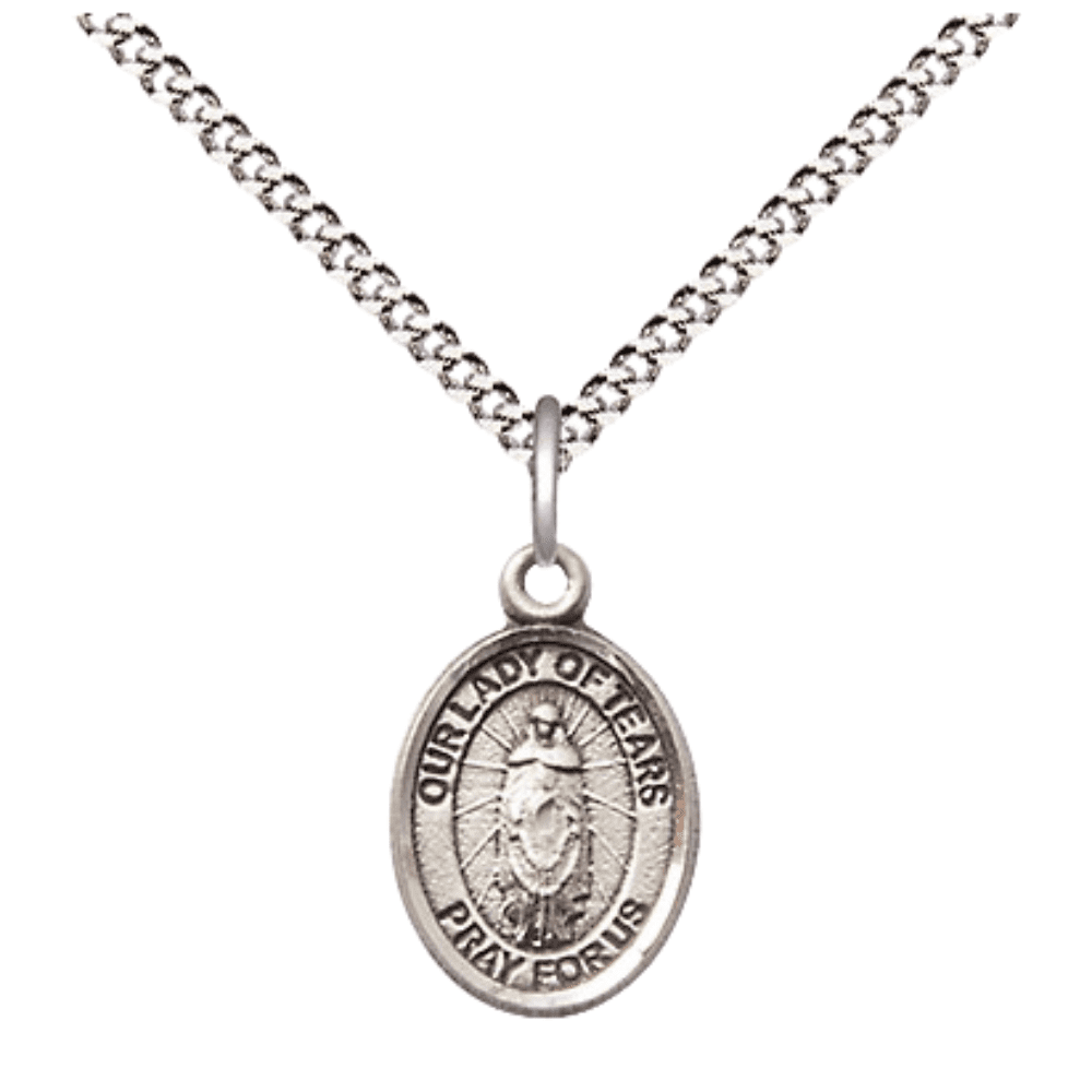 Pewter Our Lady of Tears Medal Pendant on 18 Inch Rhodium Plated Lite ...