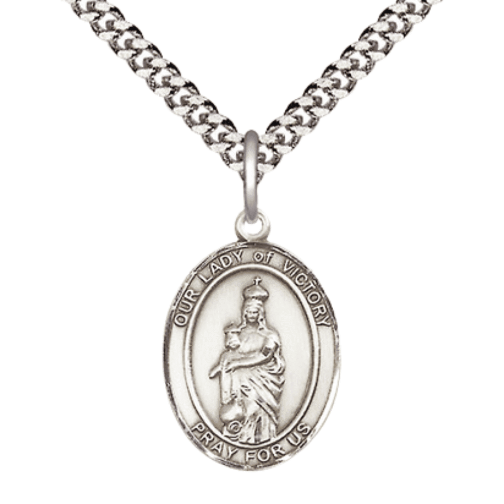 Pewter Our Lady of Victory Medal Pendant on 24 Inch Endless Rhodium ...
