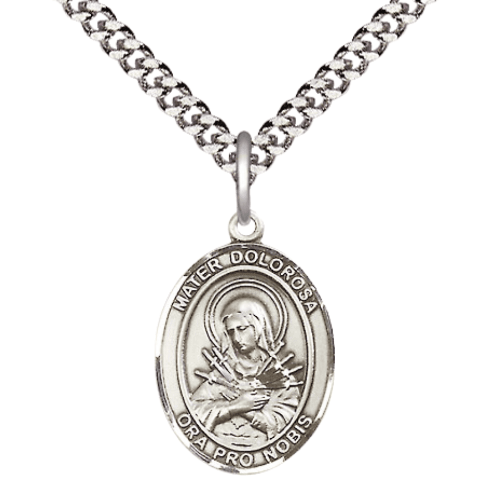 Pewter Mater Dolorosa Medal Pendant on 24 Inch Endless Rhodium Plated ...
