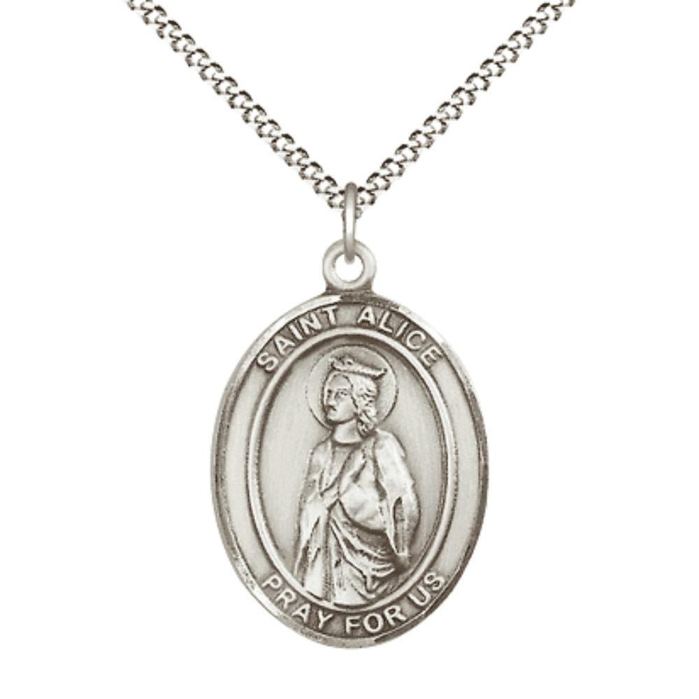 Pewter Saint Alice Medal Pendant on 18 Inch Rhodium Plated Lite Curb ...