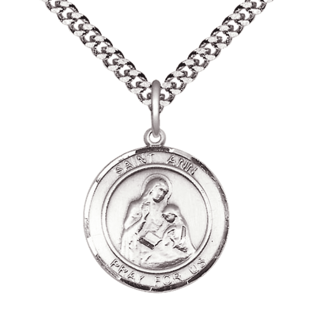 Pewter Saint Ann Medal Pendant on 24 Inch Endless Rhodium Plated Heavy ...