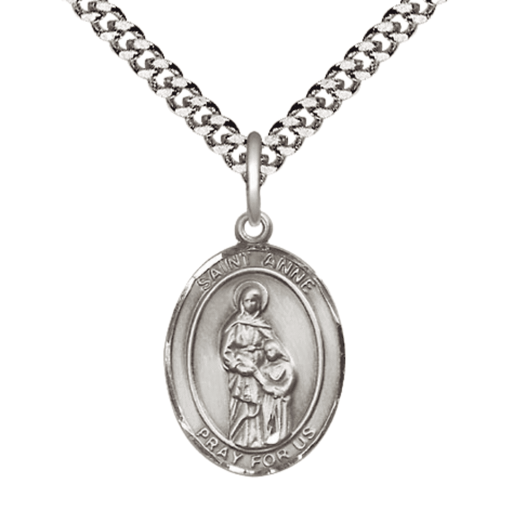 Pewter Saint Anne Medal Pendant on 24 Inch Endless Rhodium Plated Heavy ...