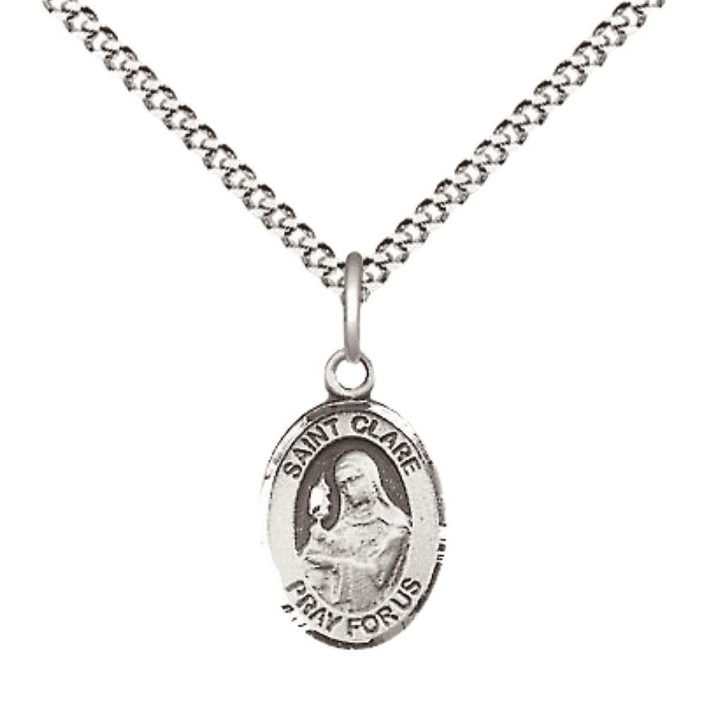 Pewter Saint Clare of Assisi Medal Pendant on 18 Inch Rhodium Plated ...