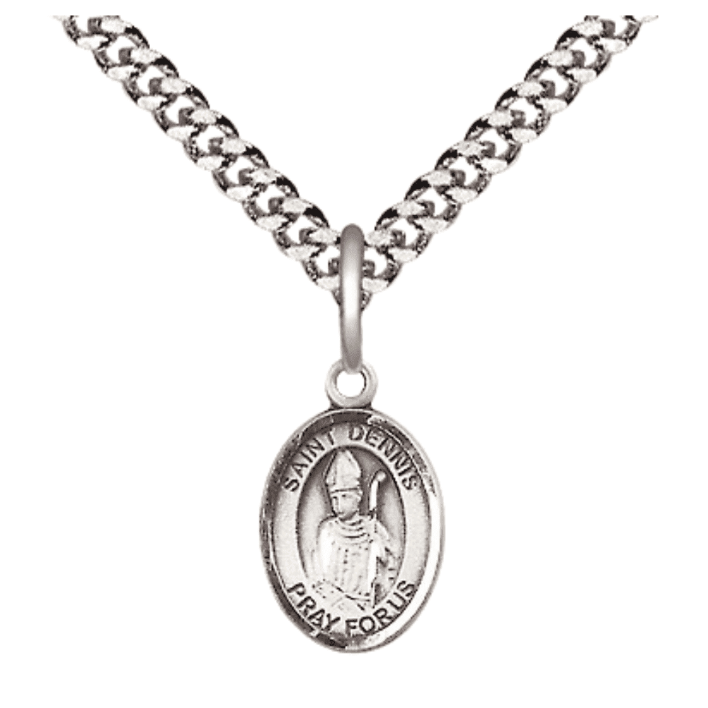 Pewter Saint Dennis Medal Pendant on 24 Inch Endless Rhodium Plated ...