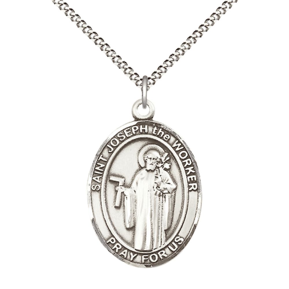 Pewter Saint Joseph the Worker Medal Pendant on 18 Inch Rhodium Plated ...