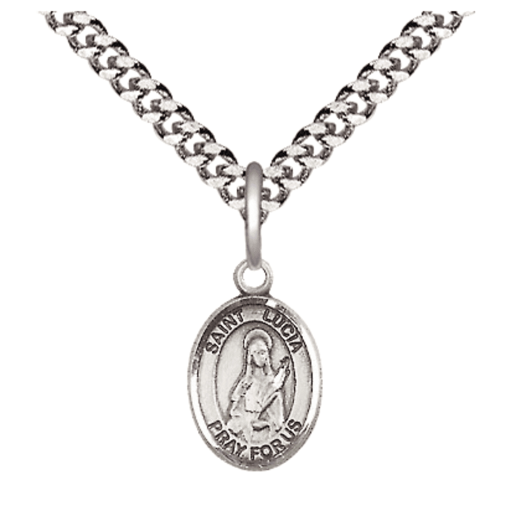 Pewter Saint Lucia of Syracuse Medal Pendant on 24 Inch Endless Rhodium ...
