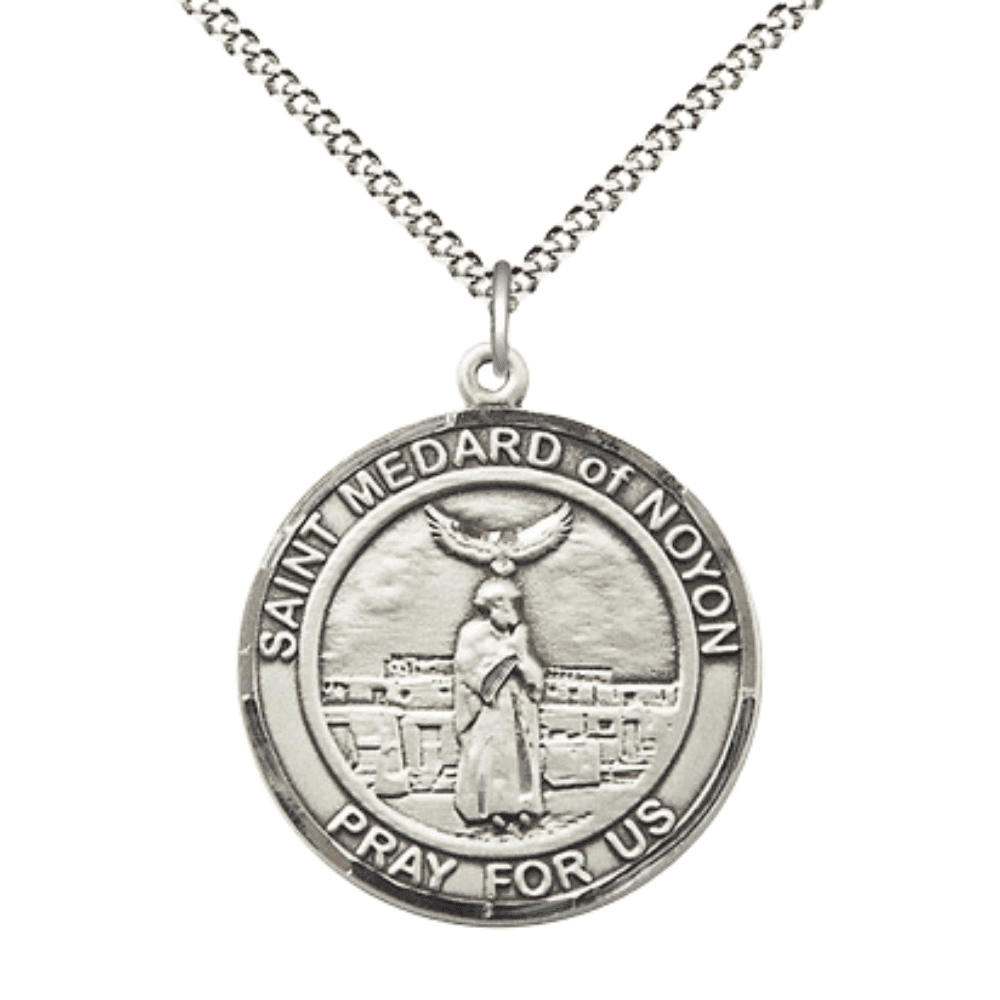 Pewter Saint Medard of Noyon Medal Pendant on 18 Inch Rhodium Plated ...