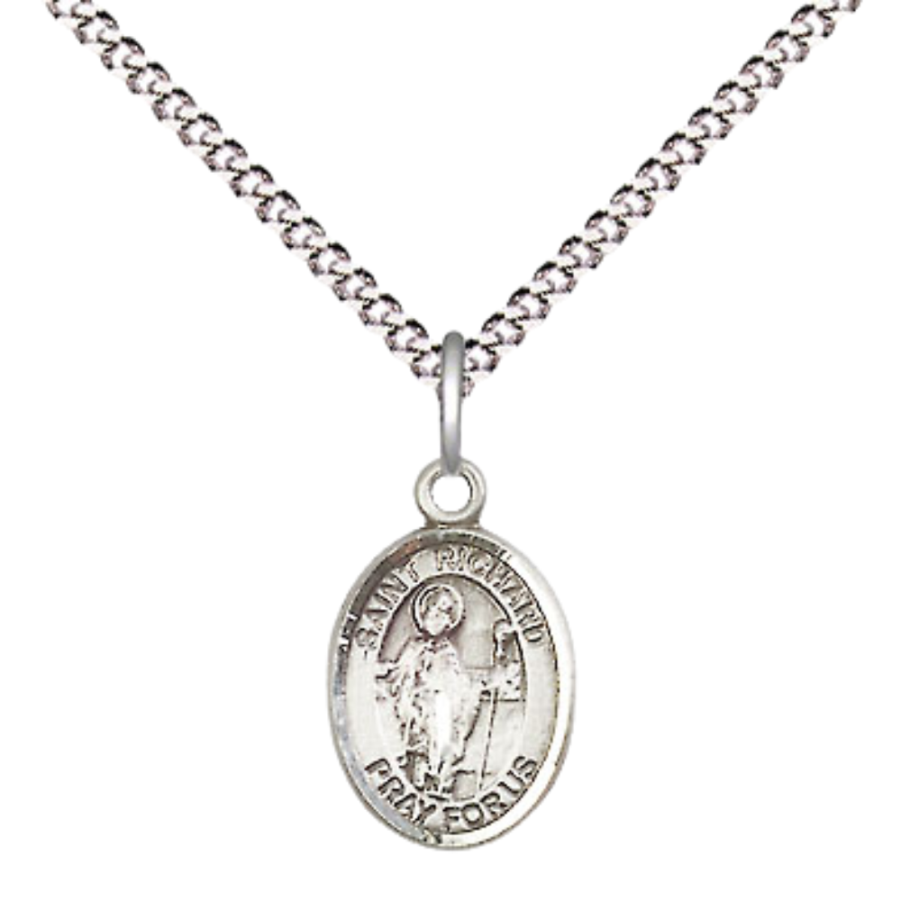 Pewter Saint Richard Medal Pendant on 18 Inch Rhodium Plated Lite Curb ...