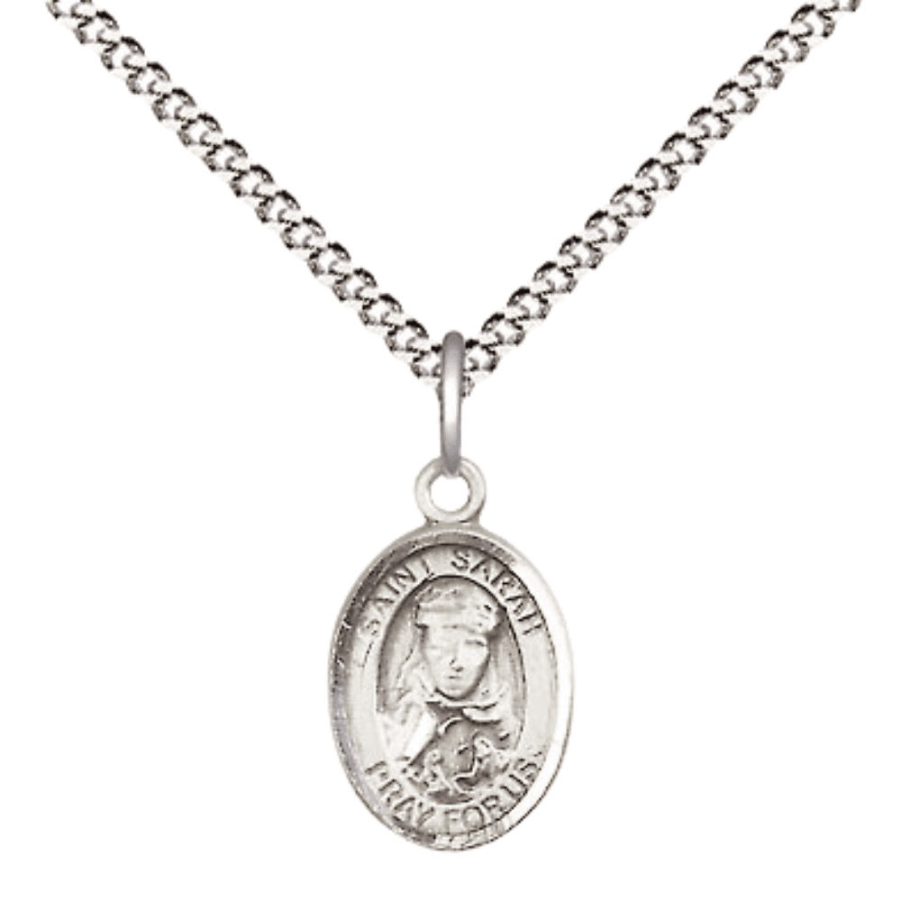 Pewter Saint Sarah Medal Pendant on 18 Inch Rhodium Plated Lite Curb ...