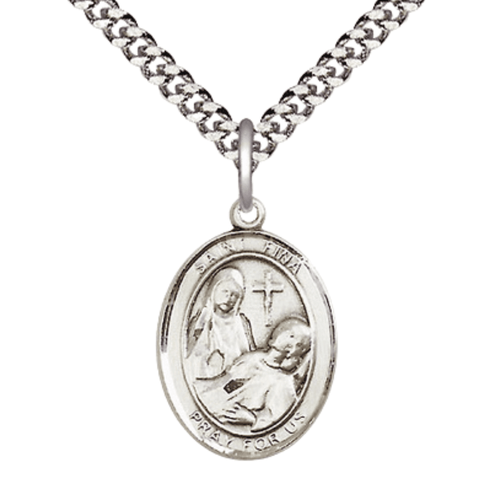 Pewter Saint St Fina Medal Pendant on 24 Inch Endless Rhodium Plated ...