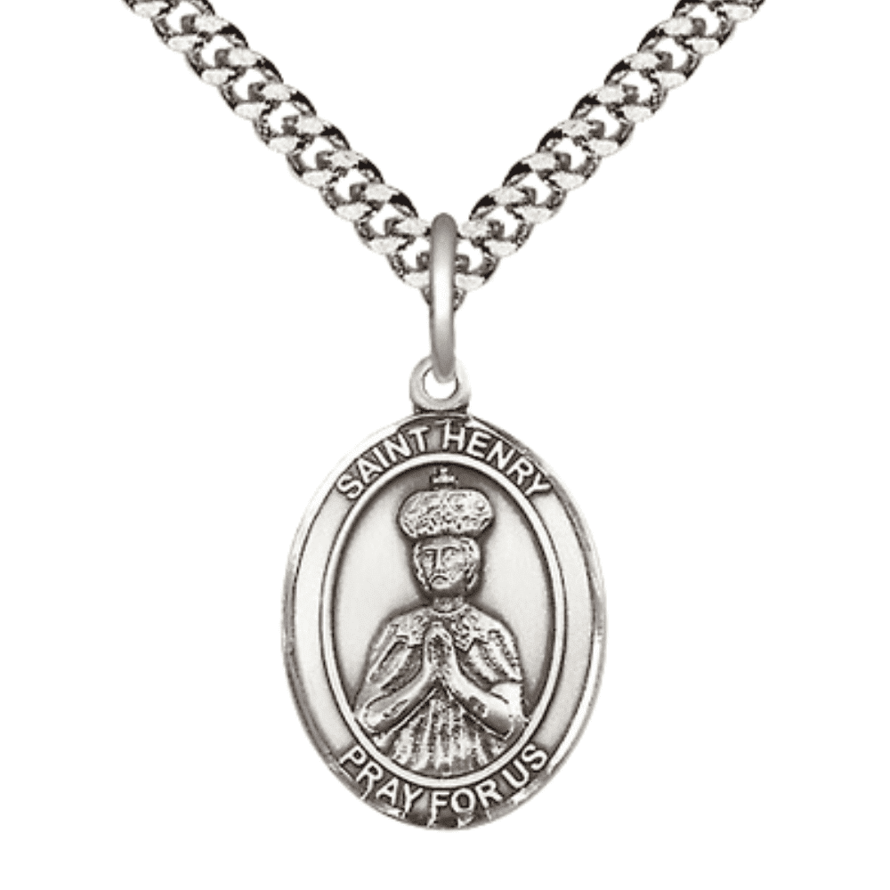 Pewter Saint St Henry II Medal Pendant on 24 Inch Endless Rhodium ...