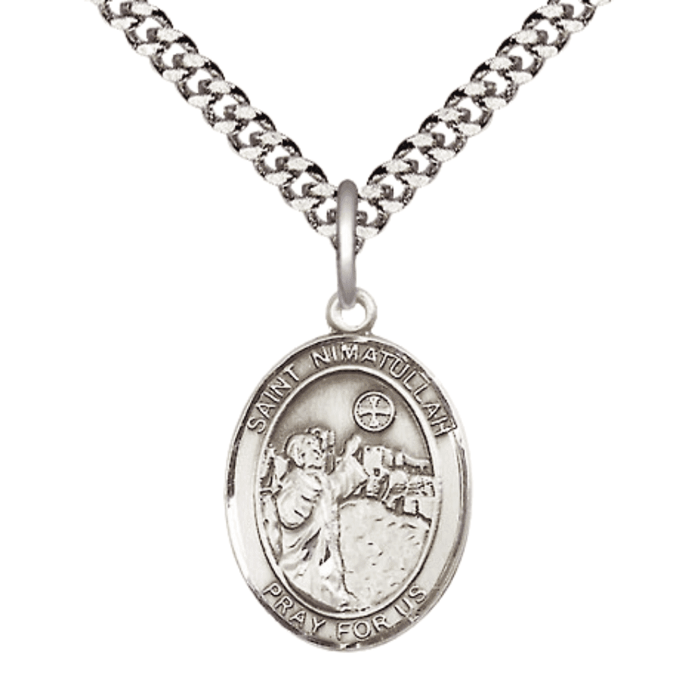Pewter Saint St. Nimatullah Medal Pendant on 24 Inch Endless Rhodium ...