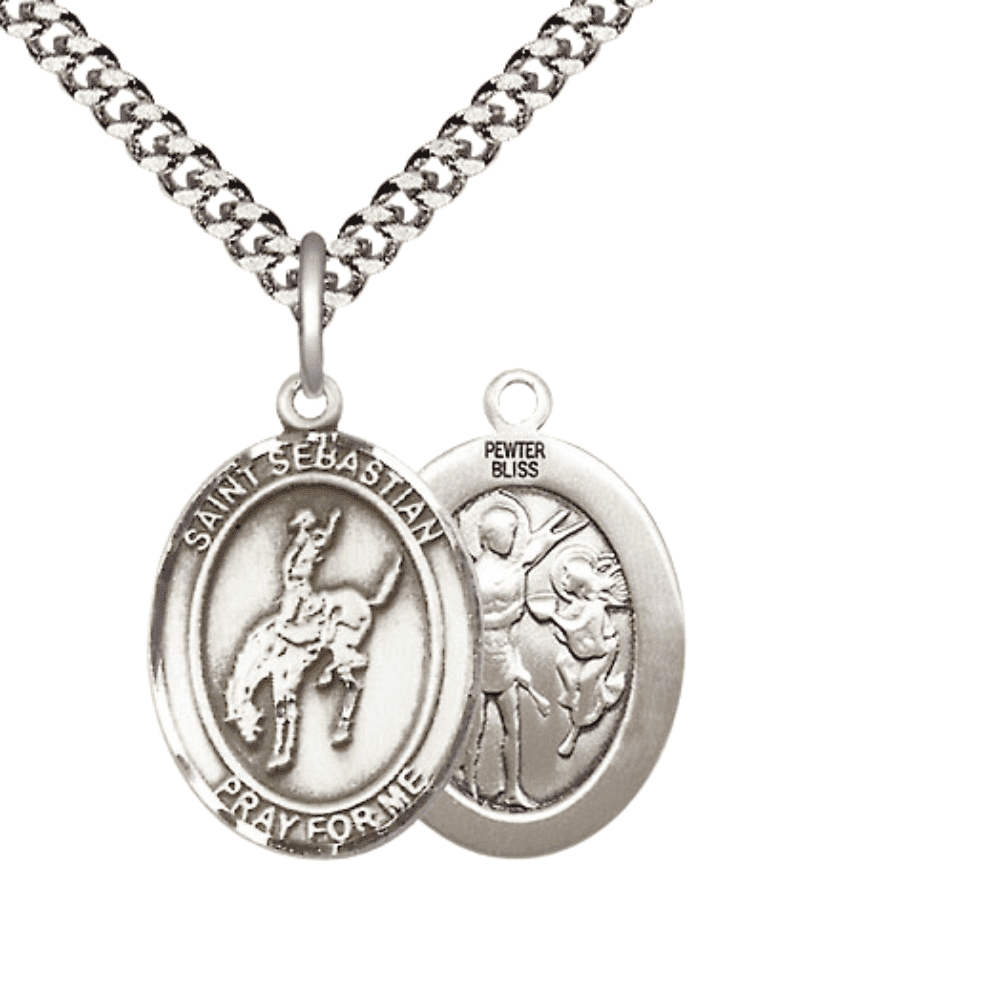 Pewter Saint St. Sebastian Rodeo Medal Pendant on 24 Inch Endless ...