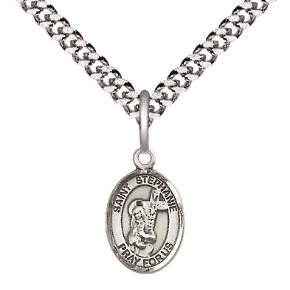Pewter Saint Stephanie Medal Pendant on 24 Inch Endless Rhodium Plated ...
