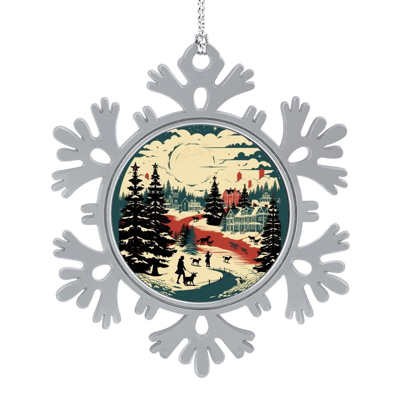 Pewter Tree Ornament City Winter Scene Metal Elegant Christmas Hanging ...