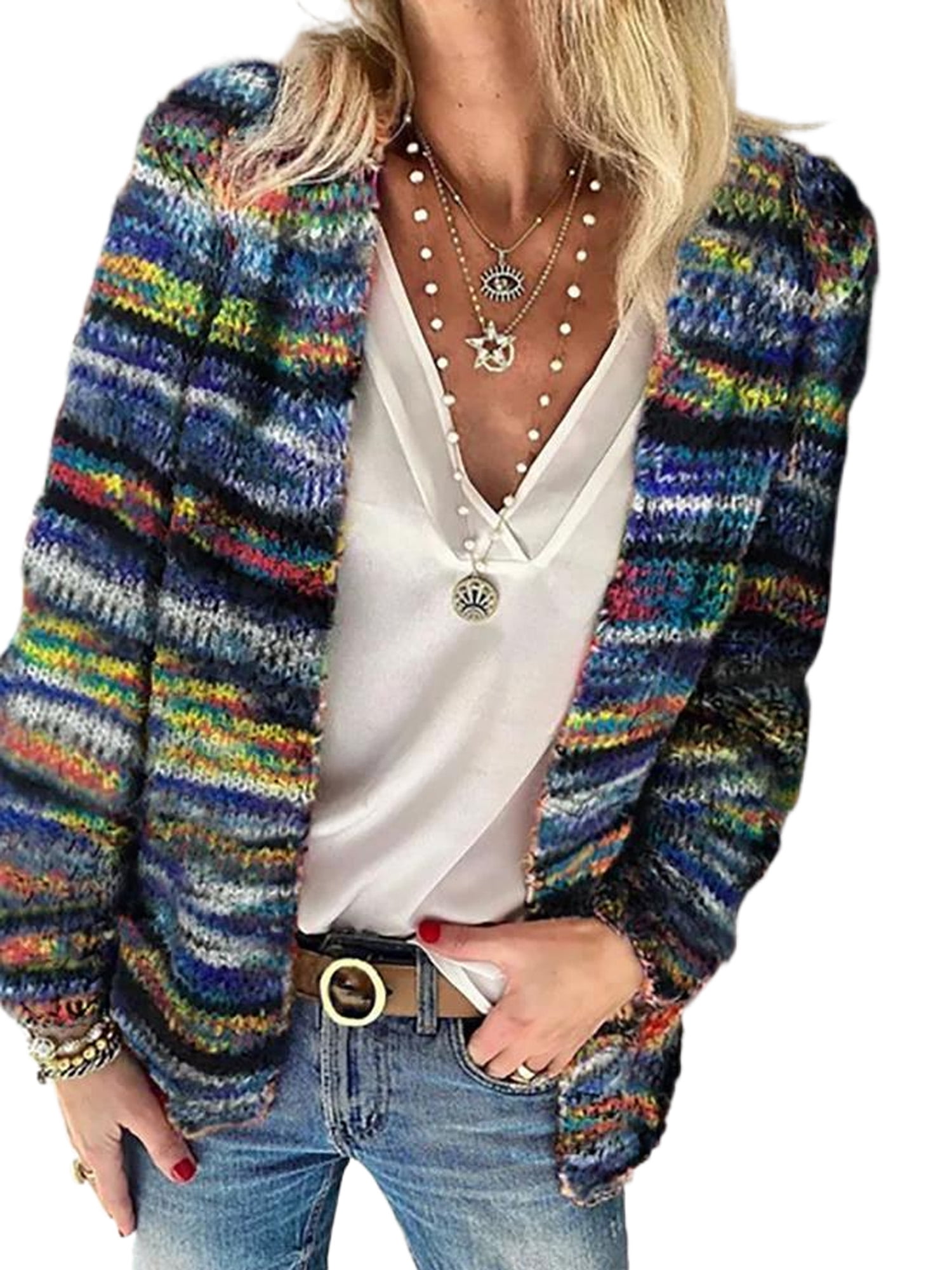 Peyakidsaa Women Open Front Striped Cardigan Long Sleeve Cozy Knit ...