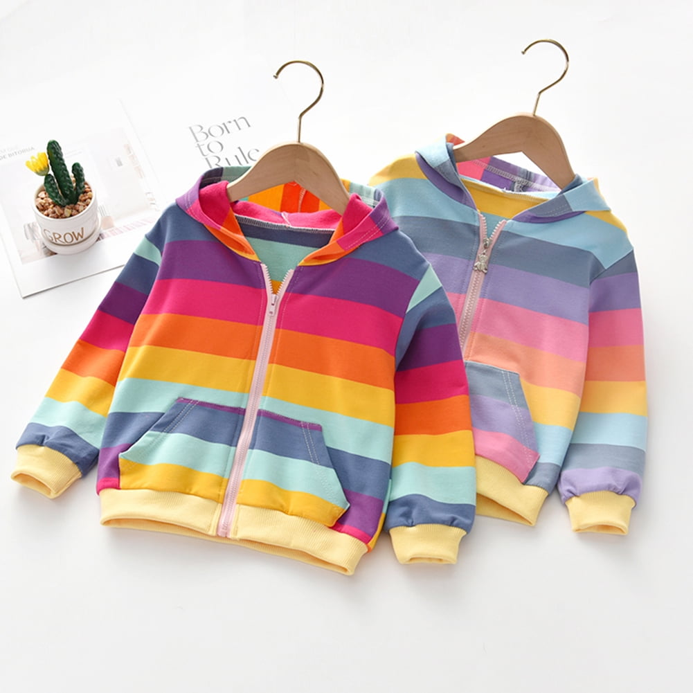 Peyan Toddler Kid Girl Rainbow Stripes Hooded Jacket Coat Tops Zip ...