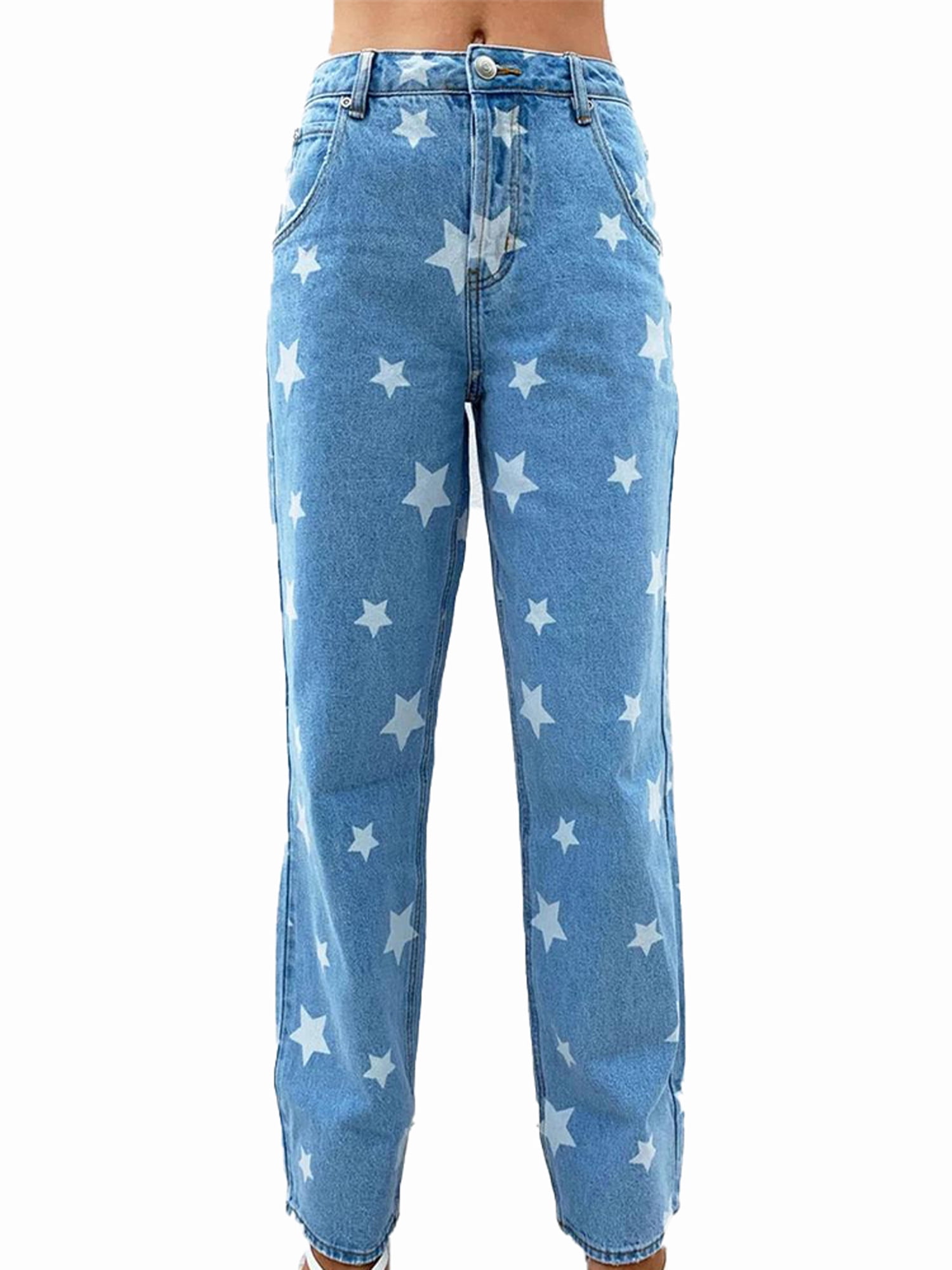 Pfysire Women Star Printed Denim Jeans Casual Straight Leg Pants Light ...