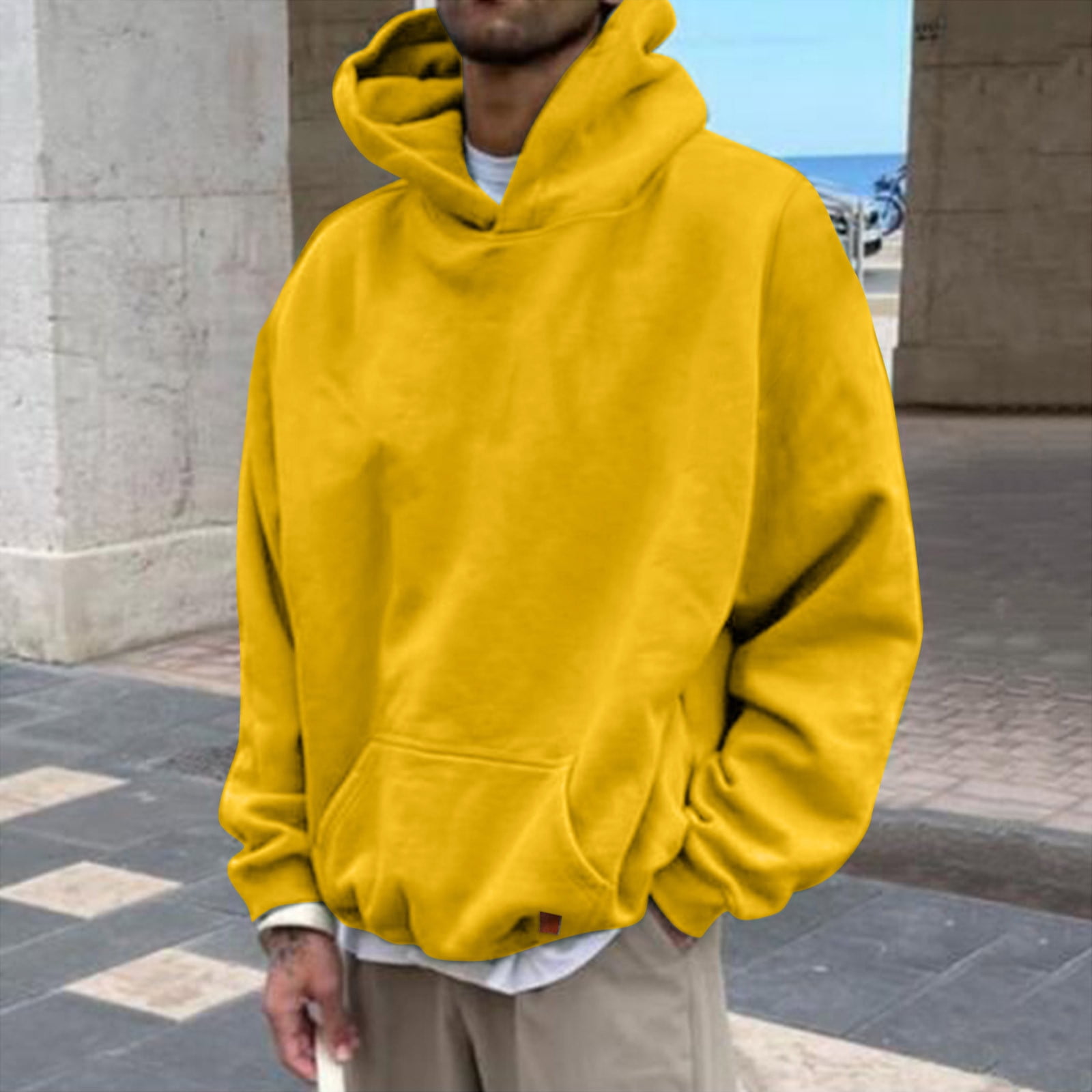 Pgeraug Men's Loose Hooded Sweater, Yellow 3XL, Casual Solid Sweatshirt ...