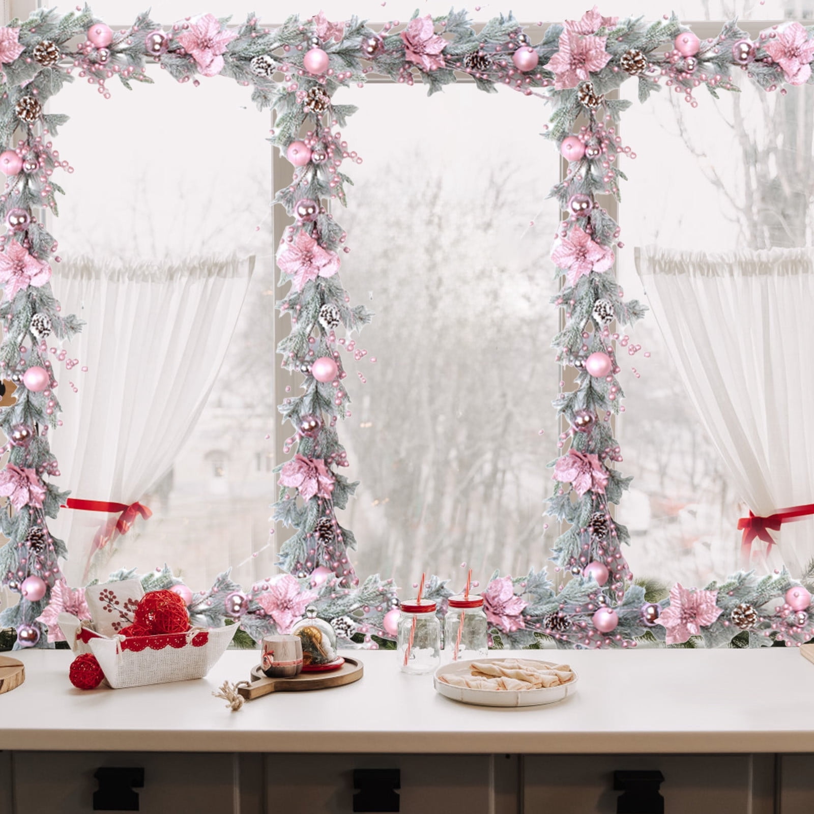 PGYONG 6 feet Christmas Pink Garland for Front Door,Holiday Garland ...