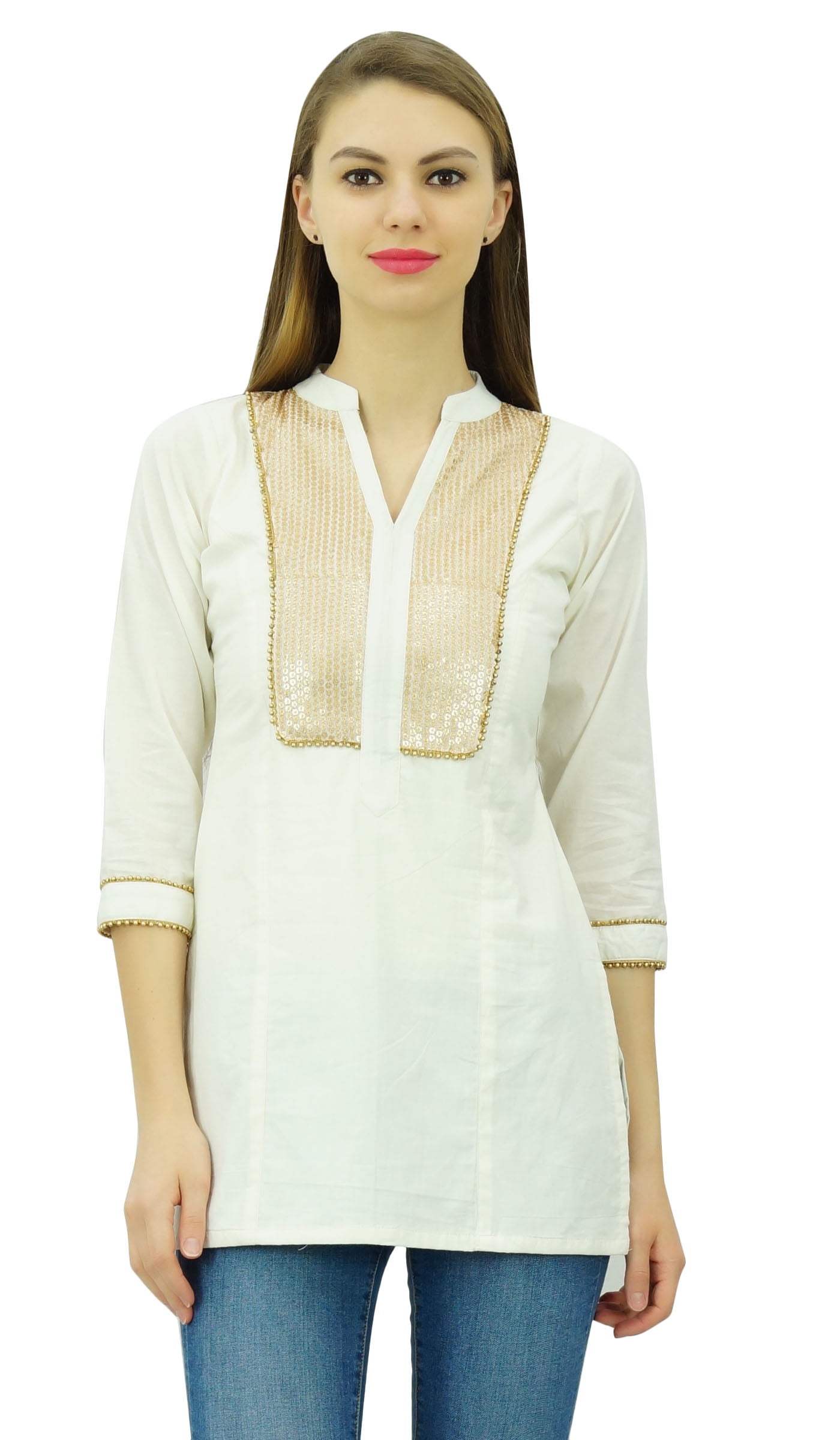 Phagun Designer Sequins Neck Short Cotton Tunic 3/4 Sleeves Beaded ...