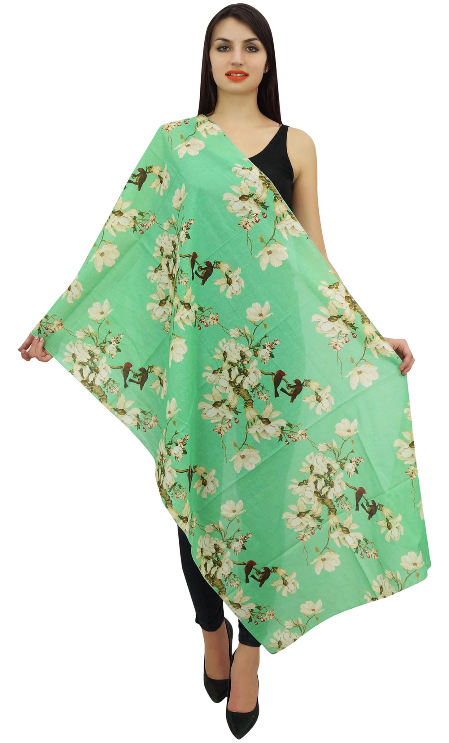 Phagun Floral & Bird Print Women Neck Wrap Scarf Sarong Cotton Voile ...