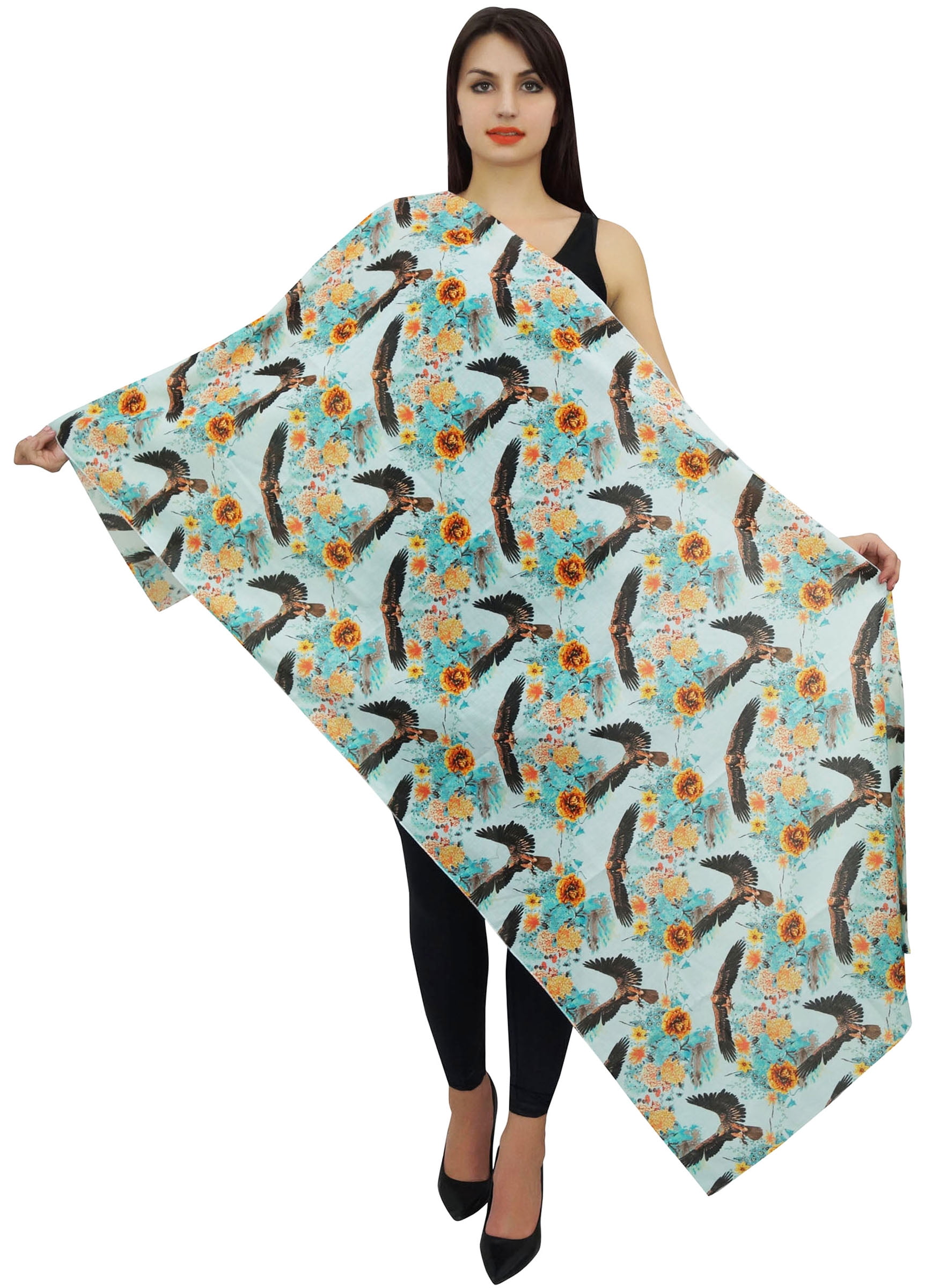 Phagun Light Blue Bird & Floral Printed Cotton Voile Women Long Neck ...