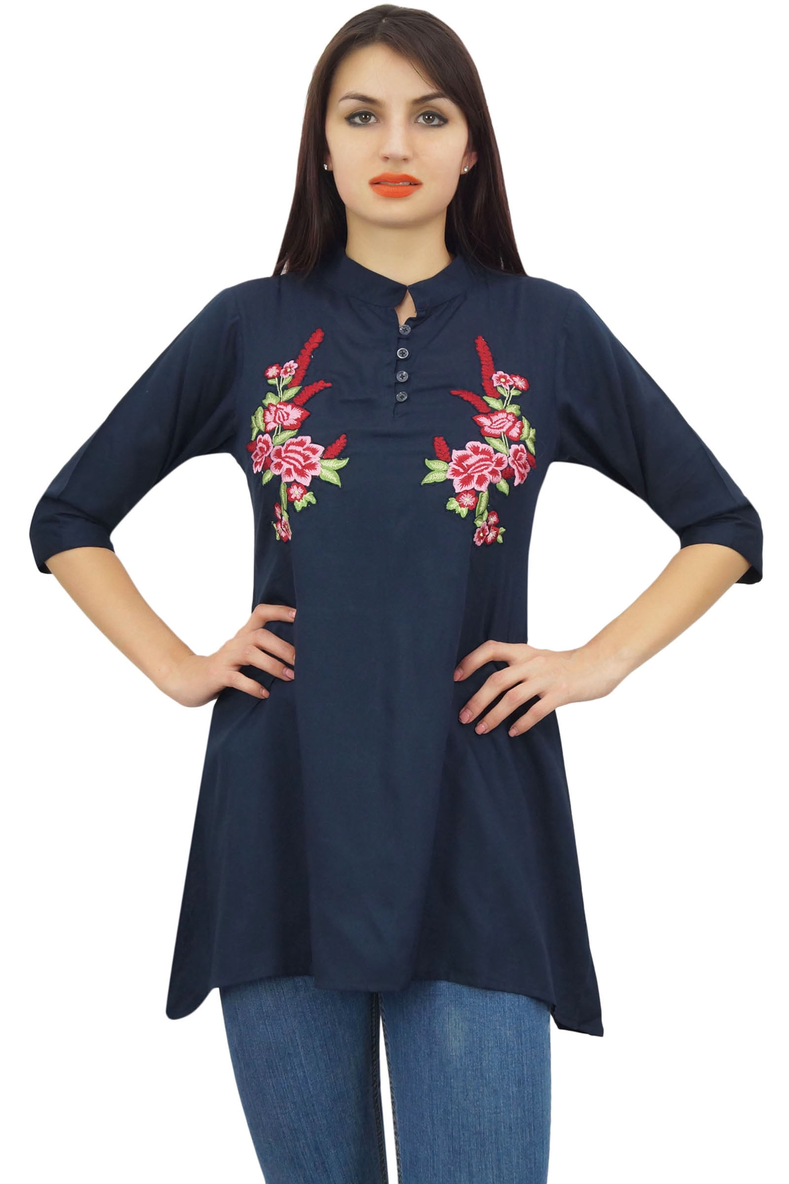 Phagun Stylish Tunic Blue Beautiful Embroidery Design Cotton Modal Top ...