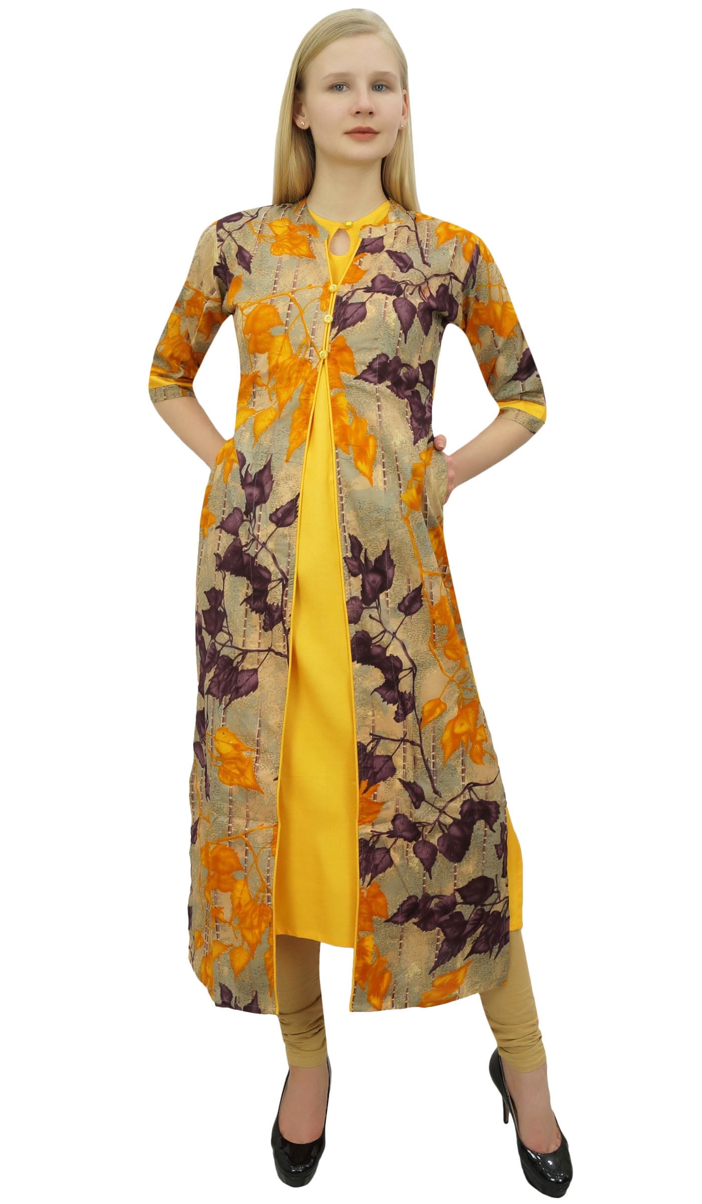 Phagun Women's 2 Pcs Yellow Kurta With Jacket Dress Indian Designer ...