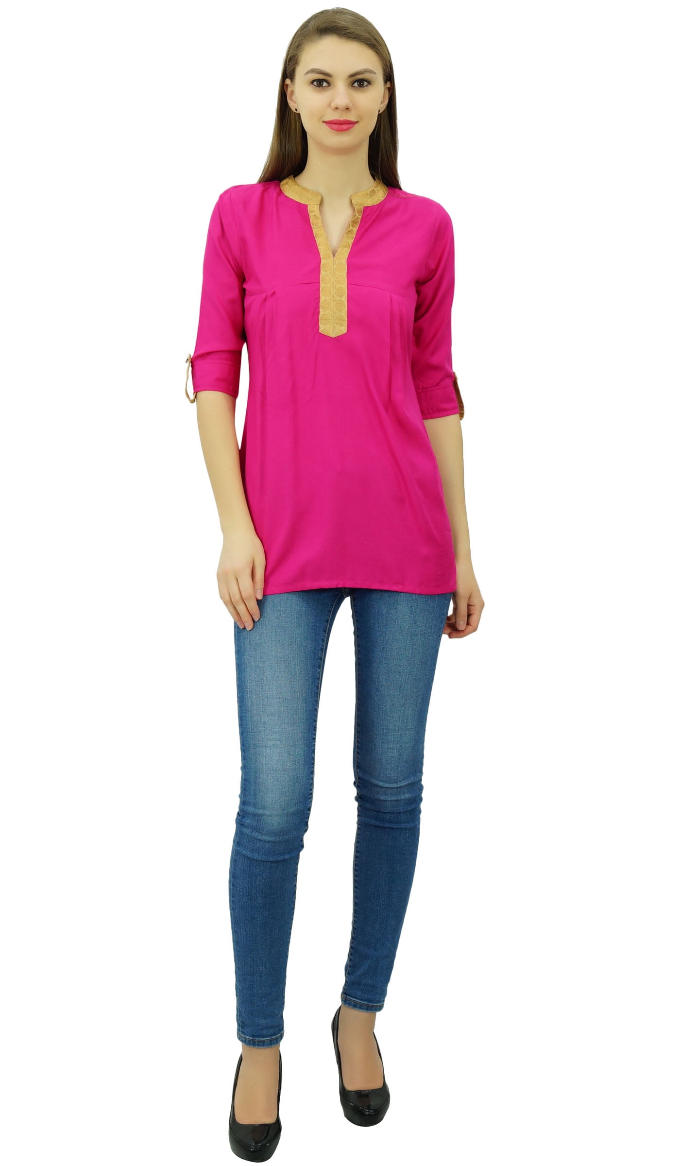 Phagun Women's 3/4 Sleeves Short Tunic Top Summer Indian Top Blouse ...