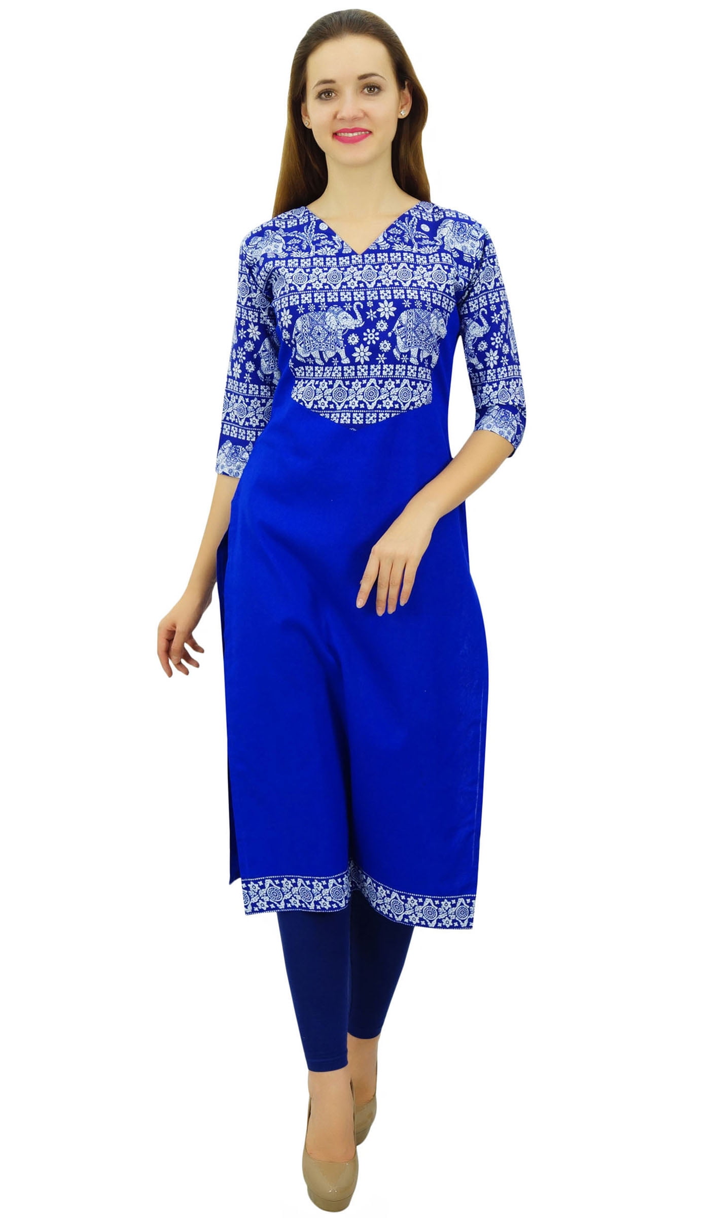 Phagun Women's Cotton Designer Kurta Blue Tunic Ethnic 3/4 Sleeve Kurta ...