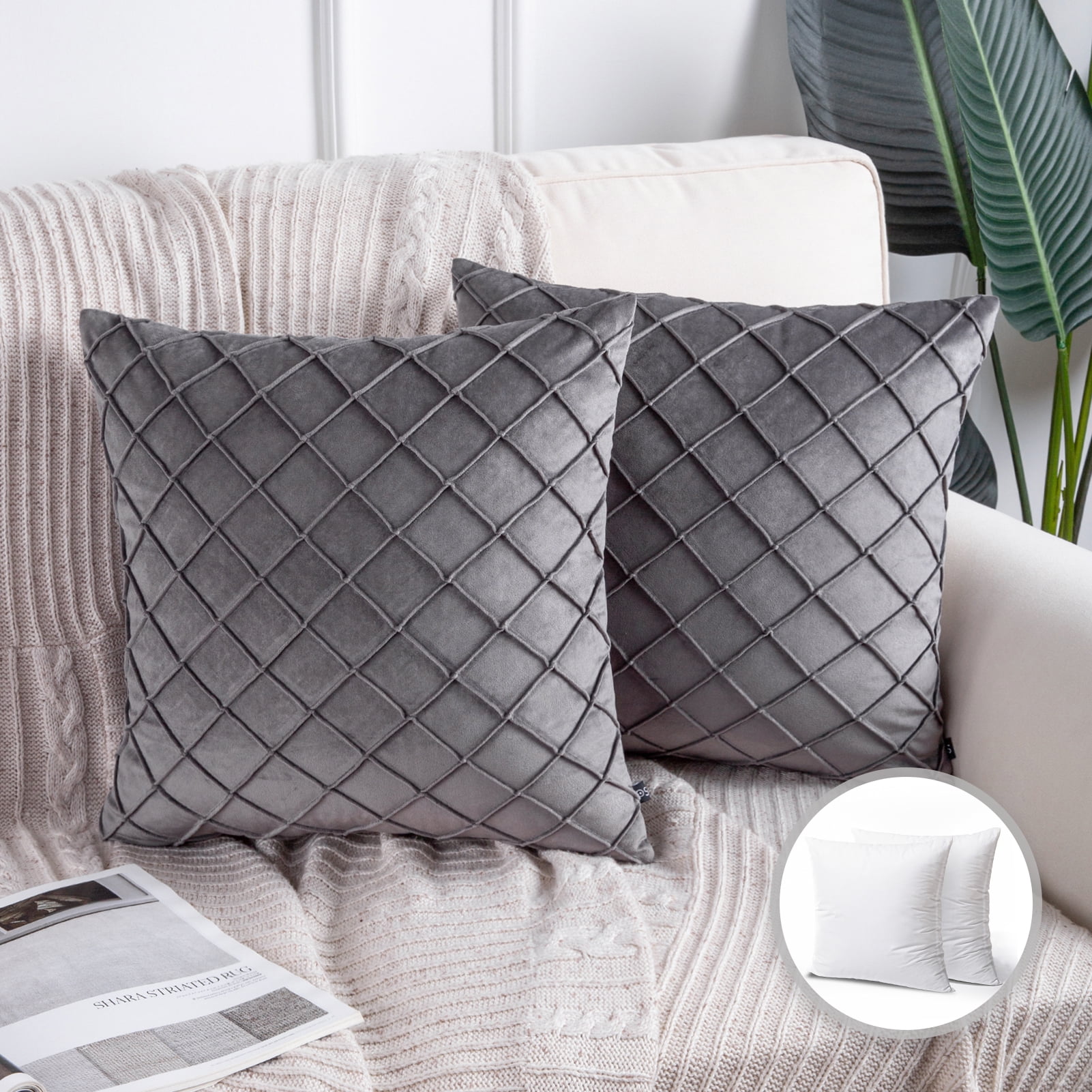 Phantoscope 18" x 18" Modern Gray Plaid Velvet, Polyester Throw Pillow ...
