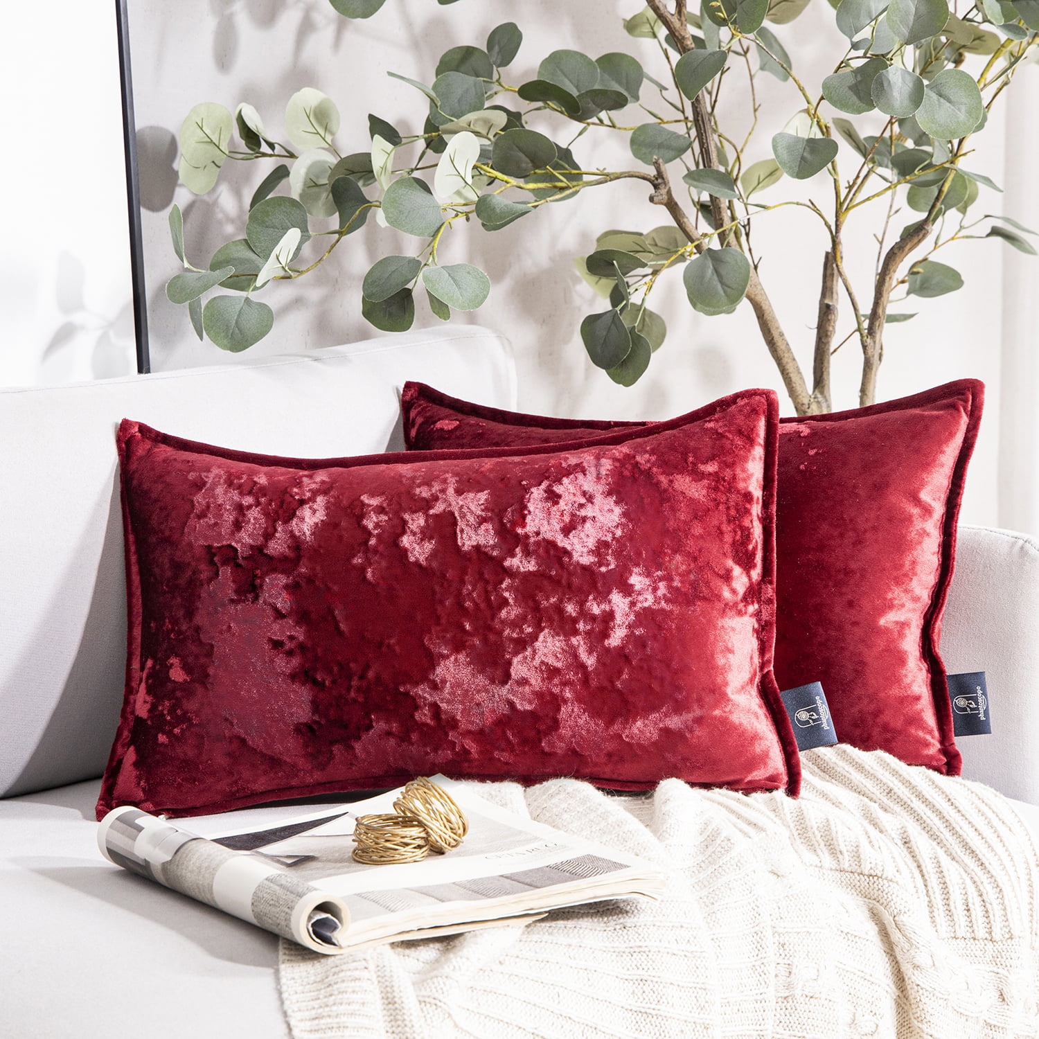 Phantoscope Christmas holiday Decorative Shiny Crushed Velvet with Trim Series Throw Pillow ...