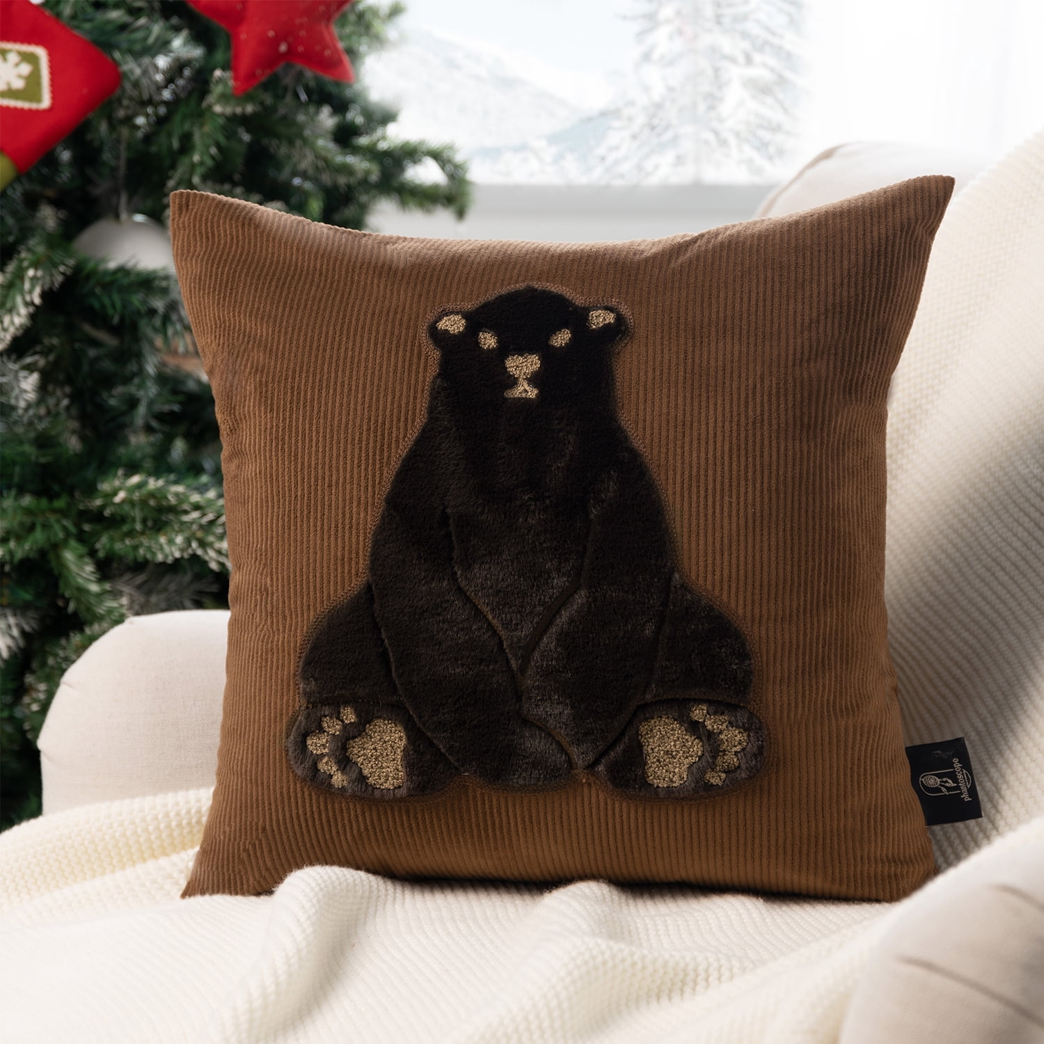 Phantoscope Corduroy Velvet Decorative Pillow Cover, Brown Bear Patched ...