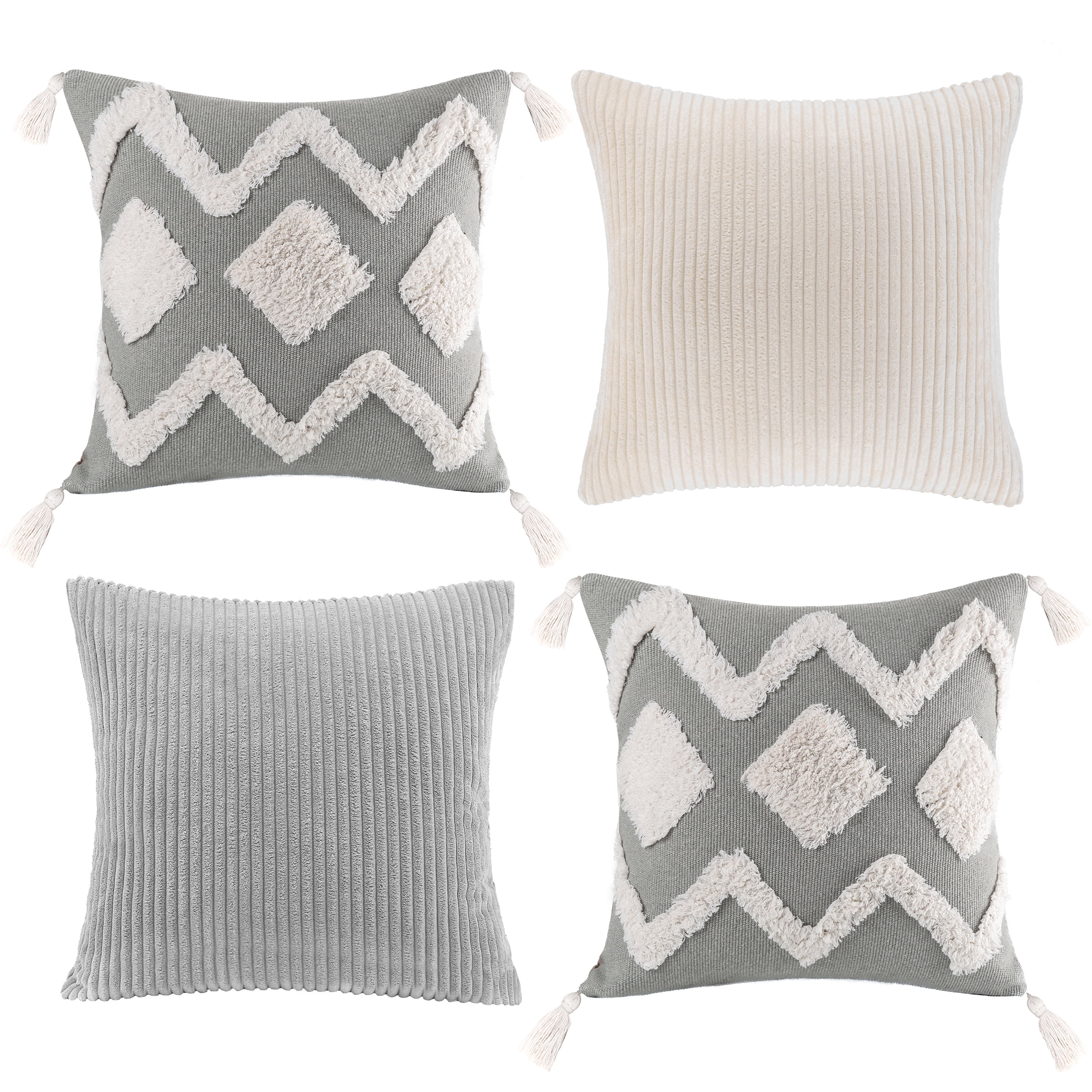 Phantoscope Decorative Throw Pillows Set of 4, Soft Corduroy Striped Velvet & Boho Woven Tufted ...