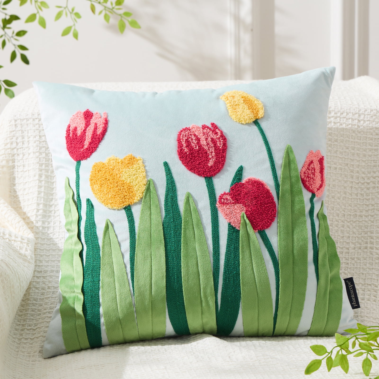 Phantoscope Happy Easter Embroidered Tulip Flowers Throw Pillow Cover ...