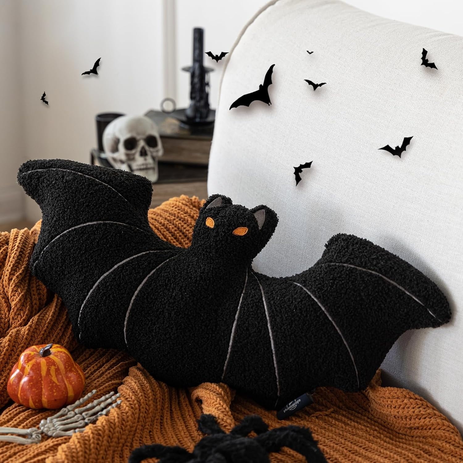Phantoscope Happy Halloween Faux Fur Bat Shaped Throw Pillow, Black, 12 ...