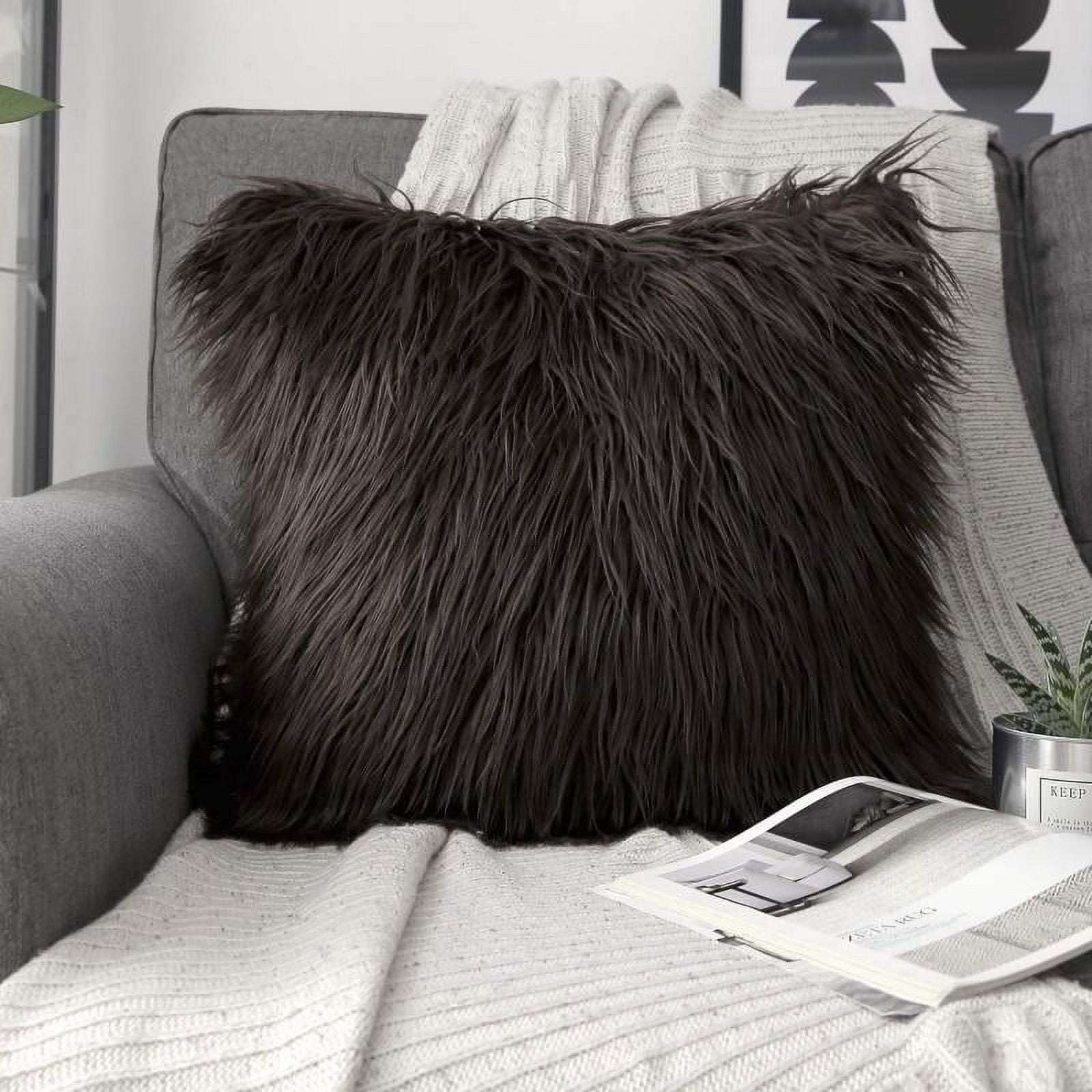Phantoscope Shaggy Fuzzy Decorative Pillow 18x18 Brown Faux Fur ...