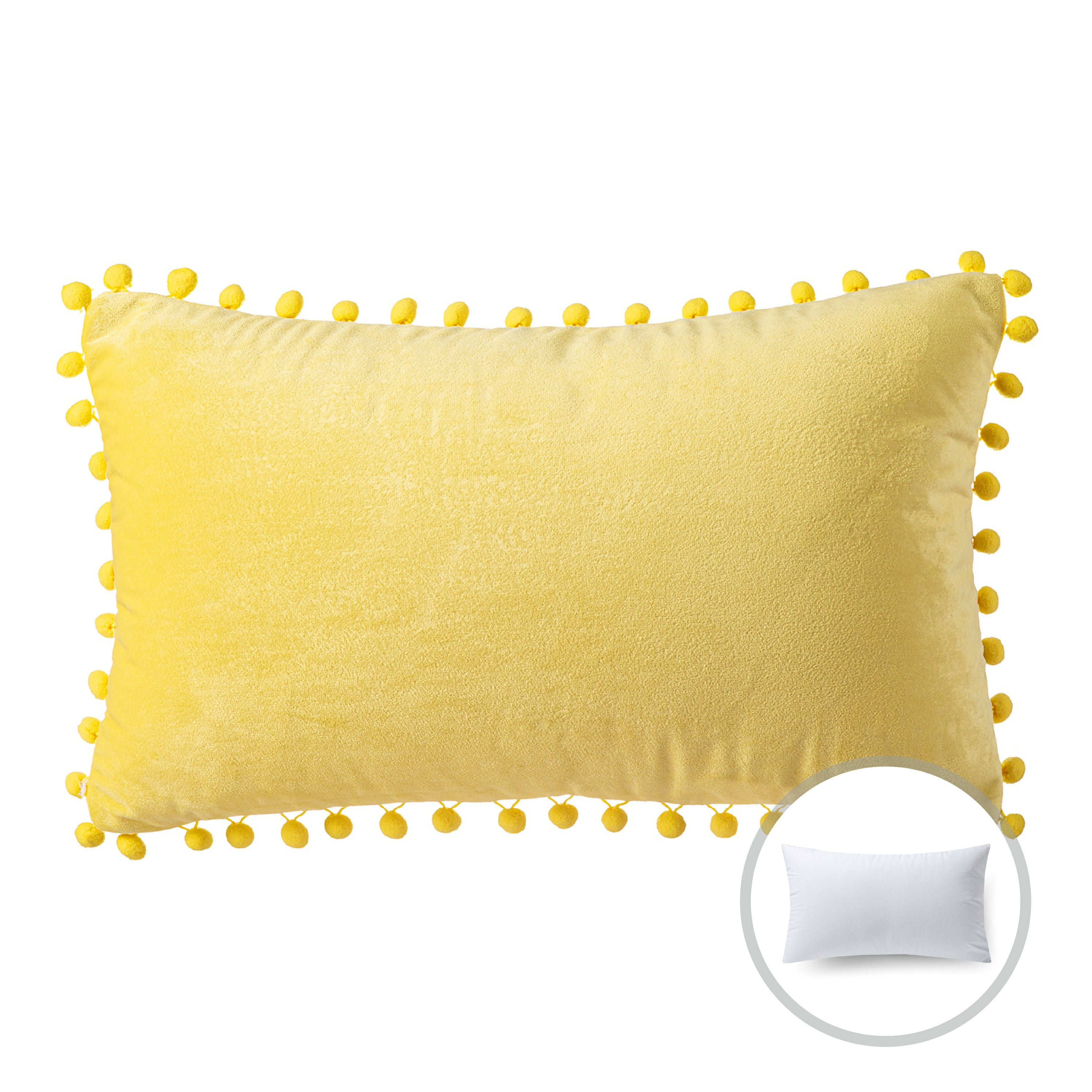 Phantoscope Velvet Series Pom Pom Rectangle Decorative Throw Pillow, 12" x 20", Yellow, 1 Pack ...