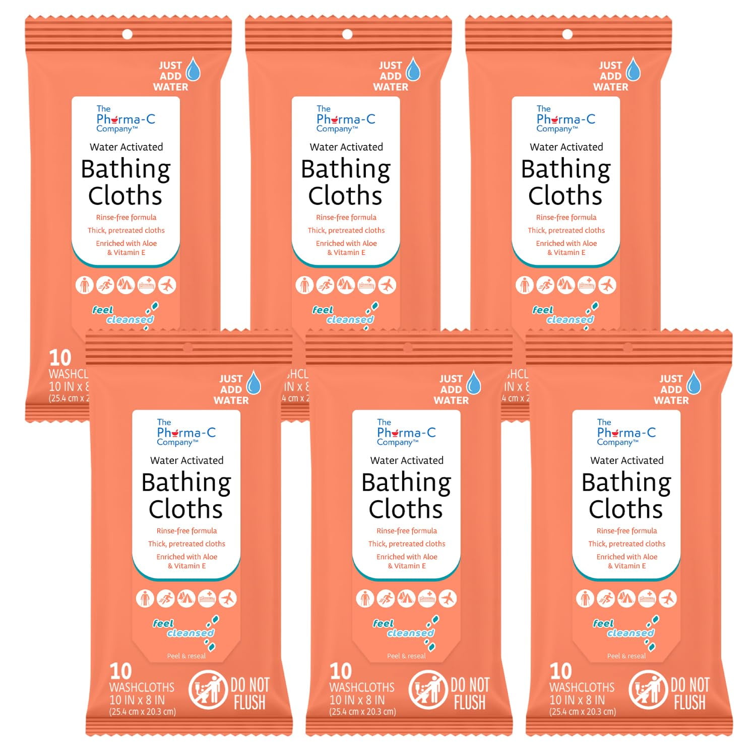 The Pharma-C Company Water-Activated SBF3 Bathing Cloths [6 Packs of 10 ...