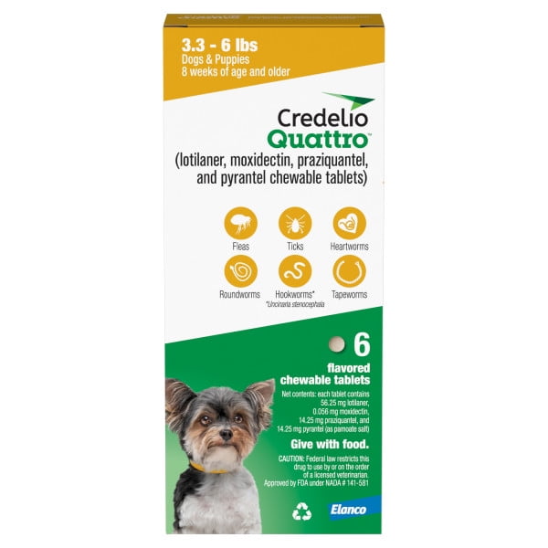Credelio Quattro Chewable Tablets for Dogs 3.3-6 lbs, 6-in-1 Parasite ...
