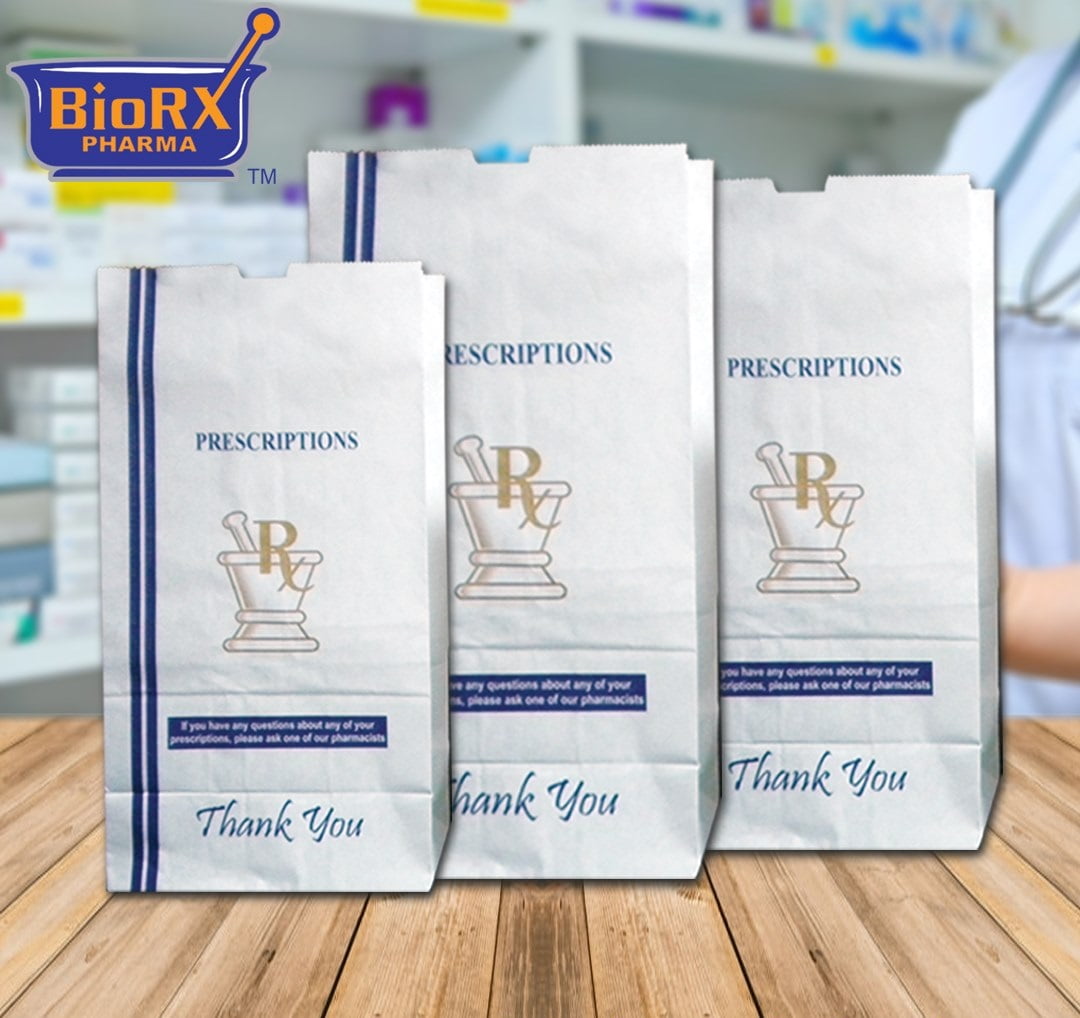 Pharmacy Paper Bags - 5" x 2" x 10" - Thank You Print (Gold and Blue ...
