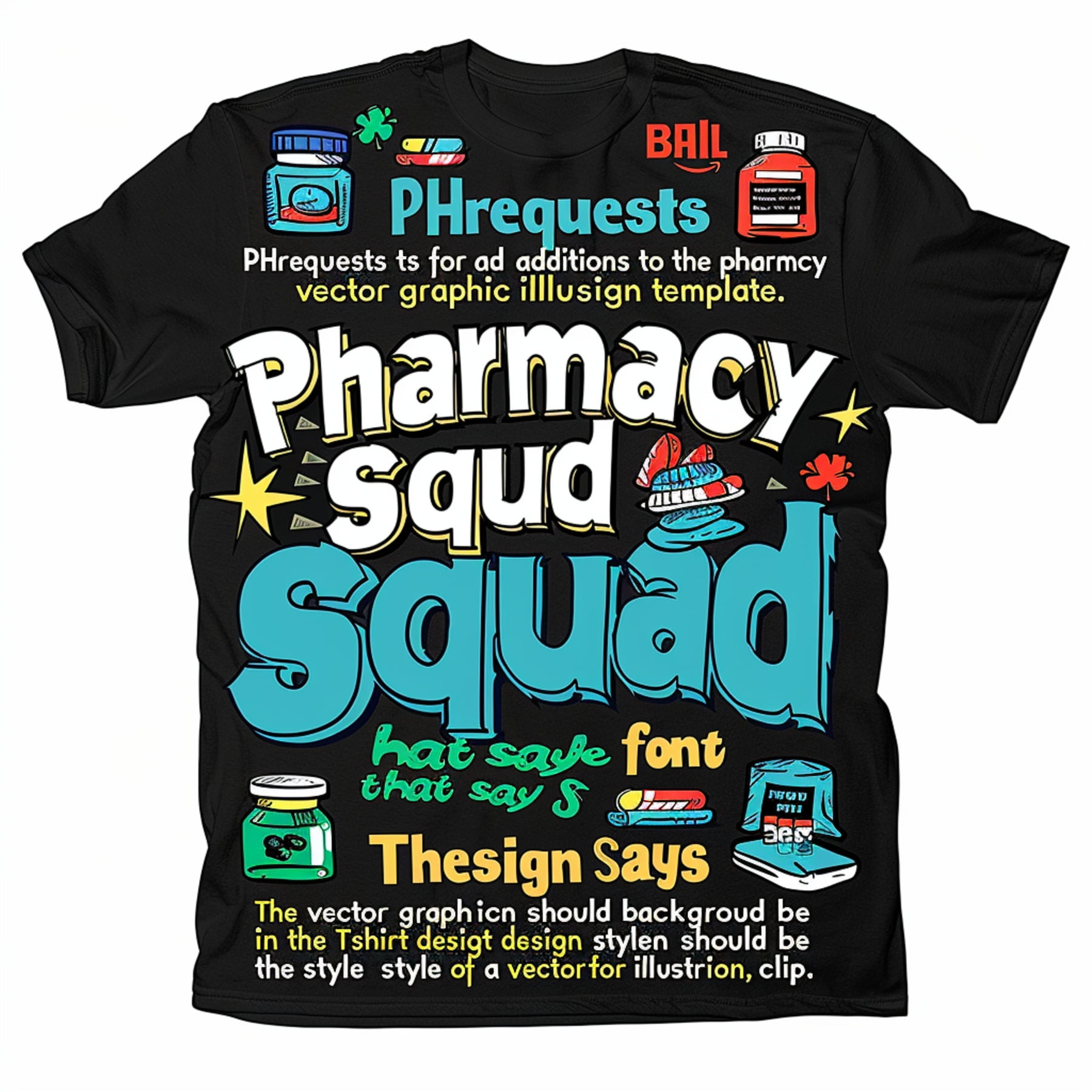 Pharmacy Squad: Colorful Cartoon Font Black TShirt Stand out in style ...