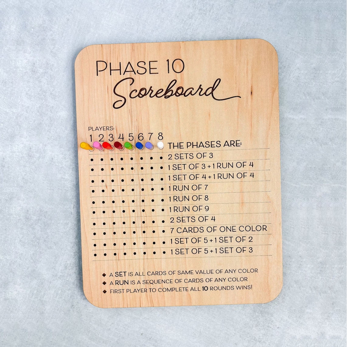 Phase 10 Score Board, Wooden Phase 10 Scoreboard with 8pcs Round ...