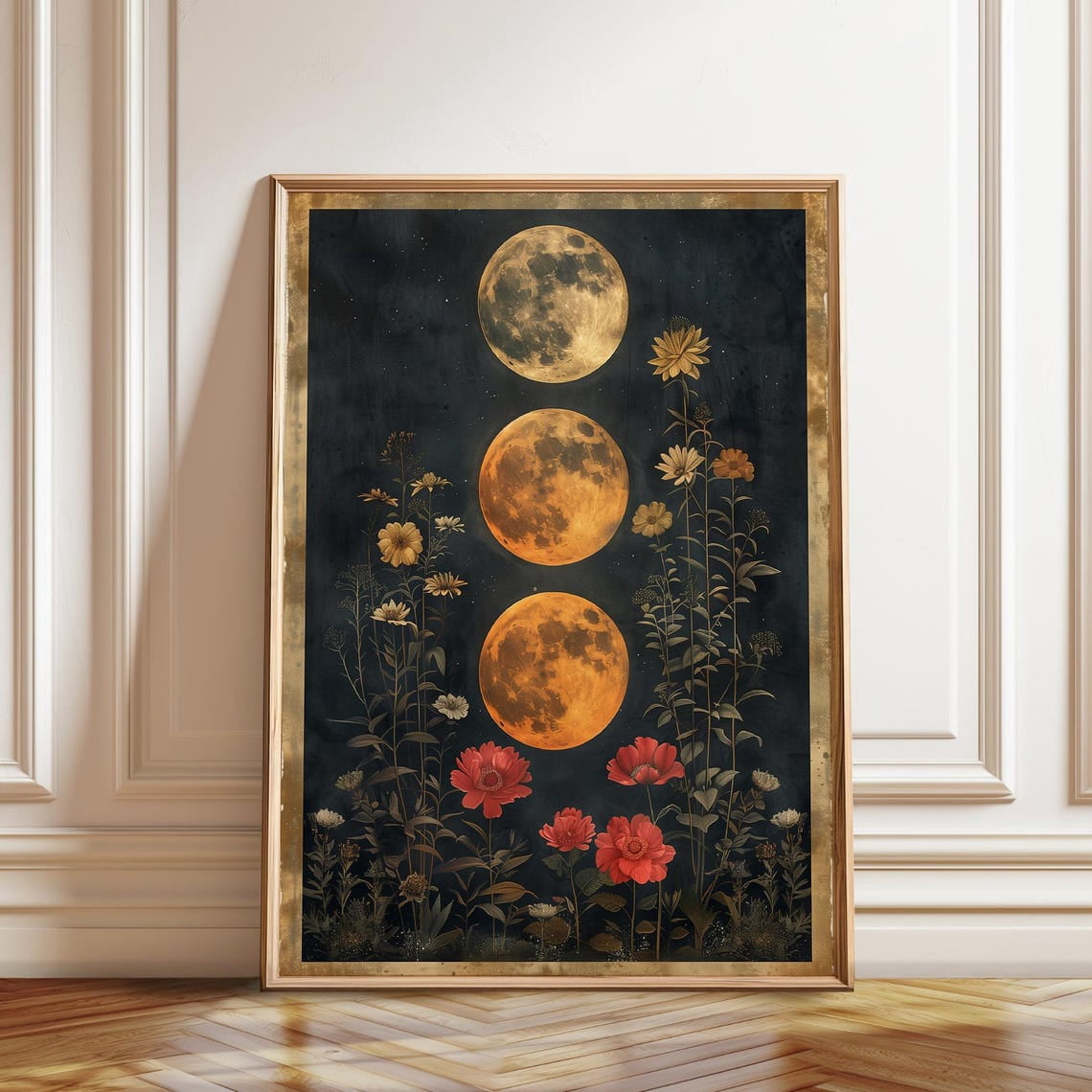 Phases Of The Moon Botanical Art Poster - Celestial Flower Garden Wall ...