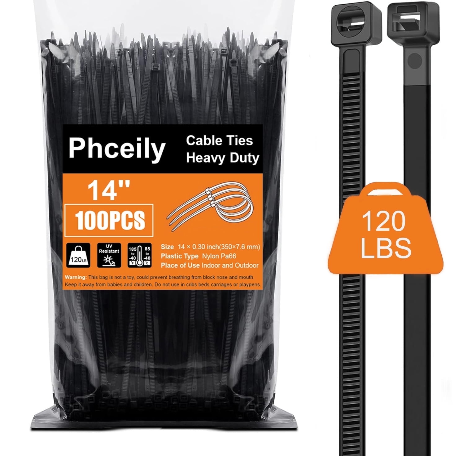 Phceily 100Pcs 14'' Black Zip Ties 120lb Heavy Duty Nylon Cable Ties UV ...