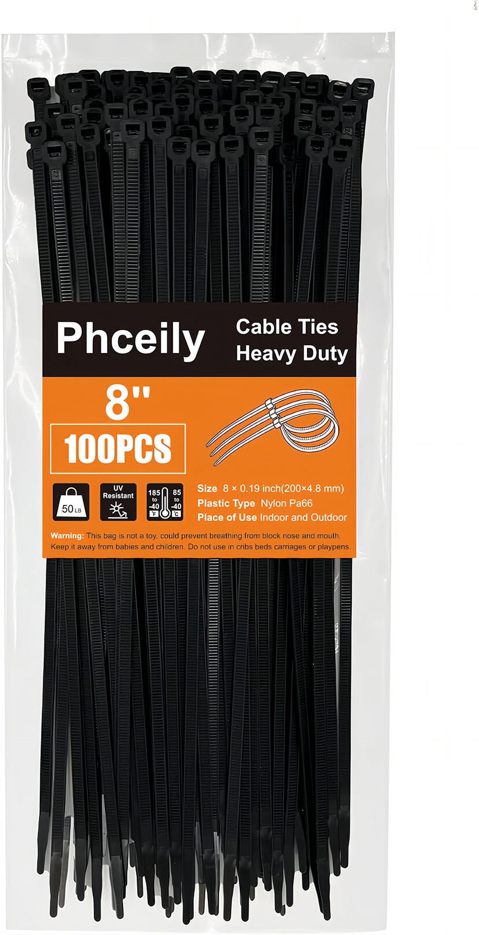 Phceily 8'' Black Zip Ties 50 LBS Tensile Strength Heavy Duty Nylon ...