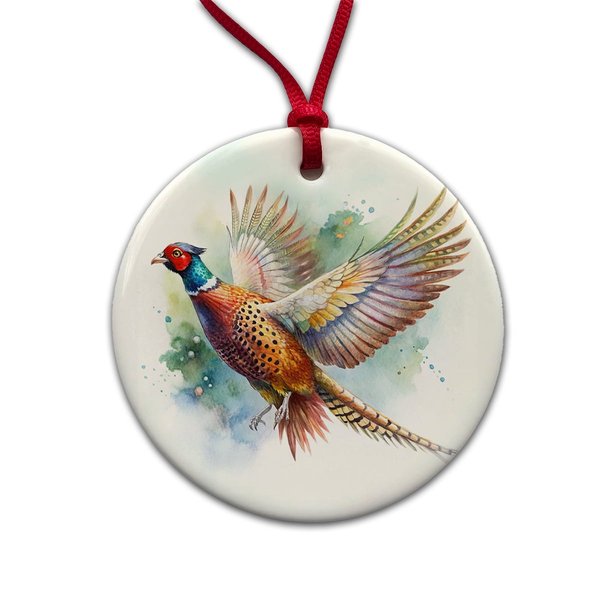 Pheasant In Flight Watercolor Christmas Tree Holiday Round Ceramic ...