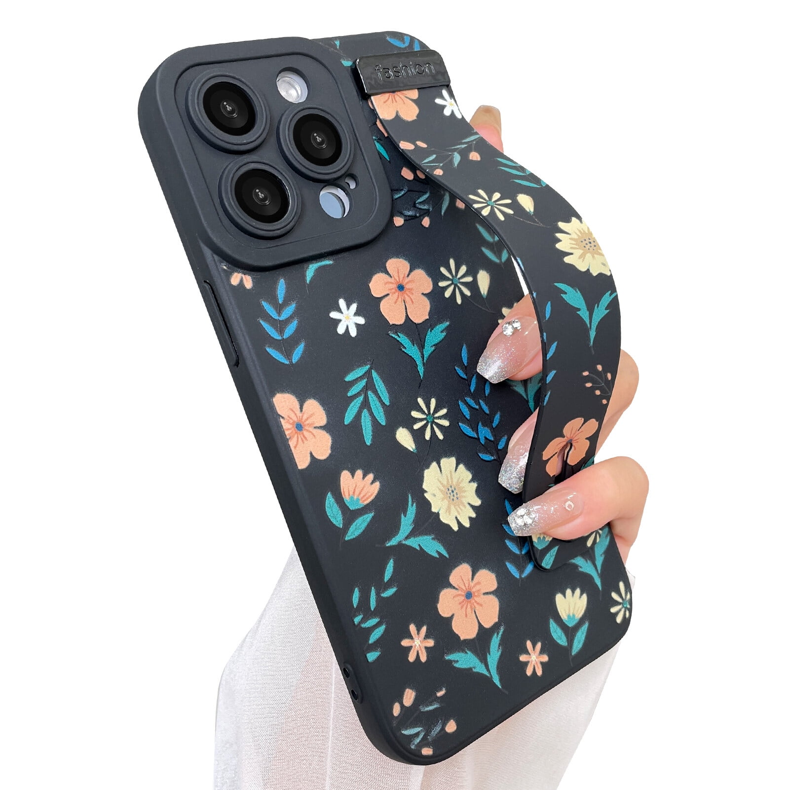 Phegba For iPhone 13 Pro Max Case with Wrist Strap, Flower Rubber Case ...